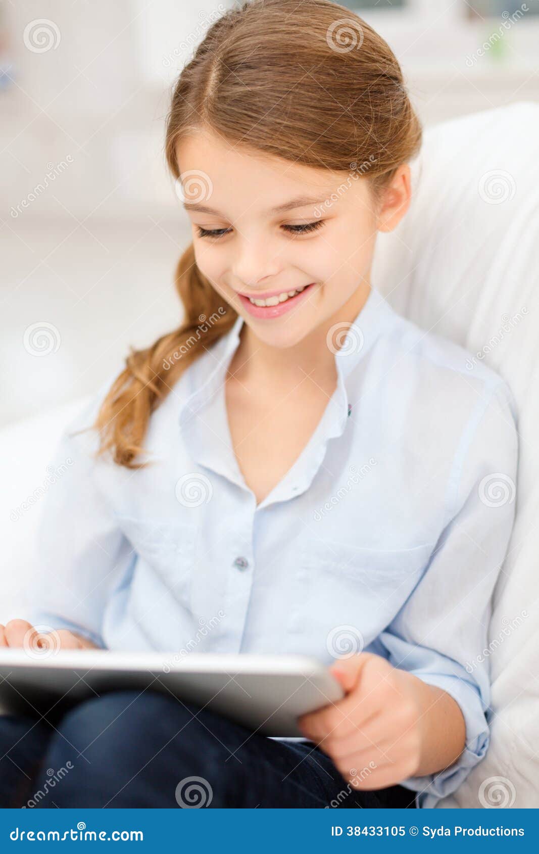 Smiling Girl with Tablet Computer at Home Stock Image - Image of ...
