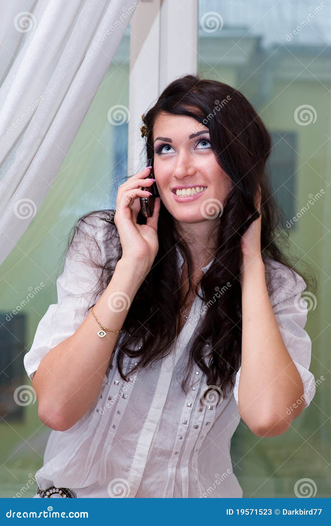 Smiling Girl Talking on Telephone at Home Stock Image - Image of white ...