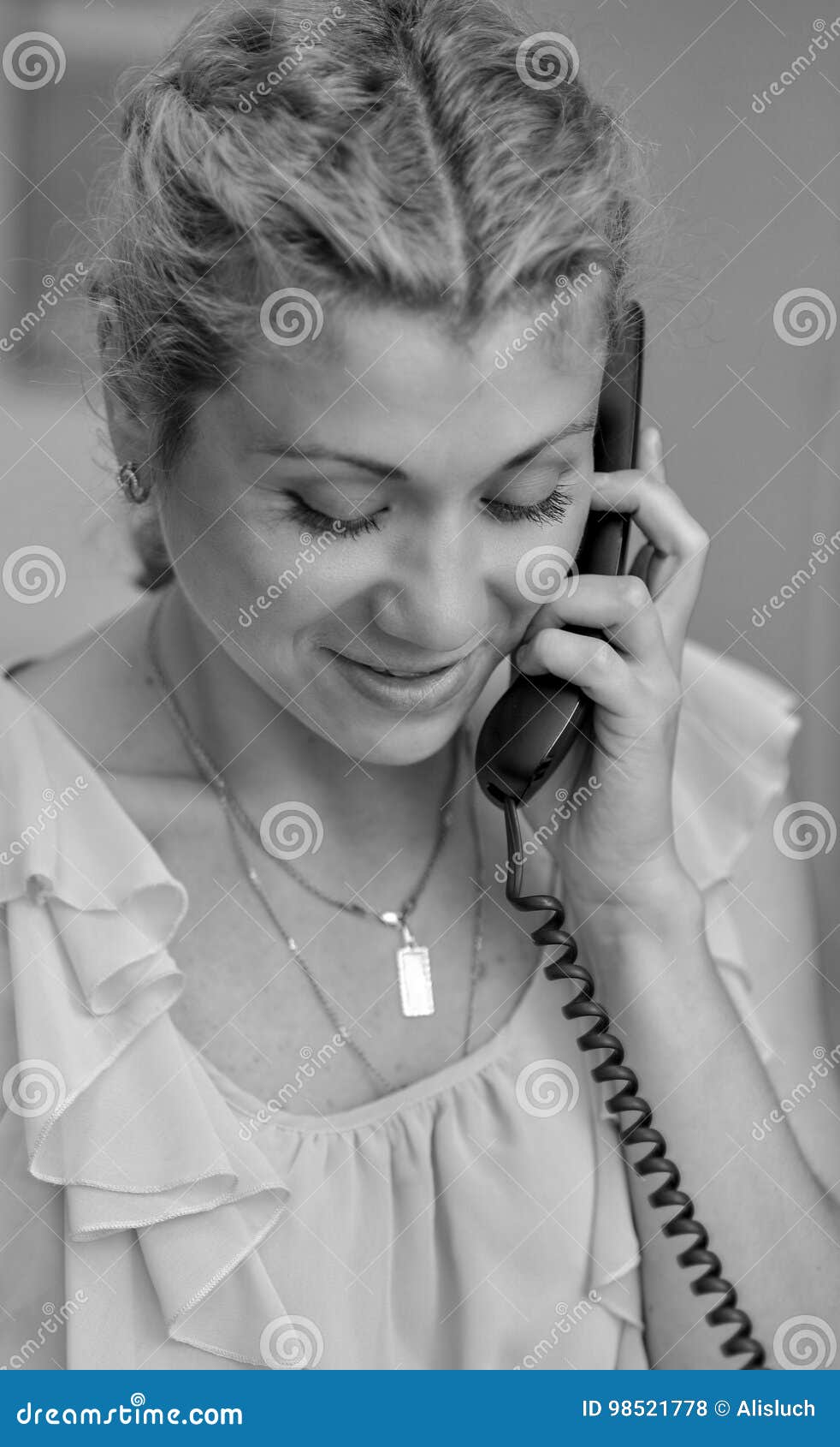 Smiling Girl Talking on Wire Telephone Stock Photo - Image of look ...
