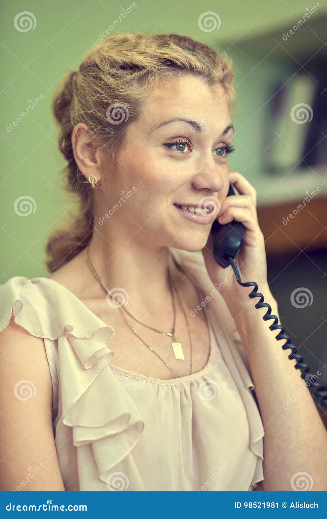 Smiling Girl Talking on Wire Telephone Stock Image - Image of modern ...