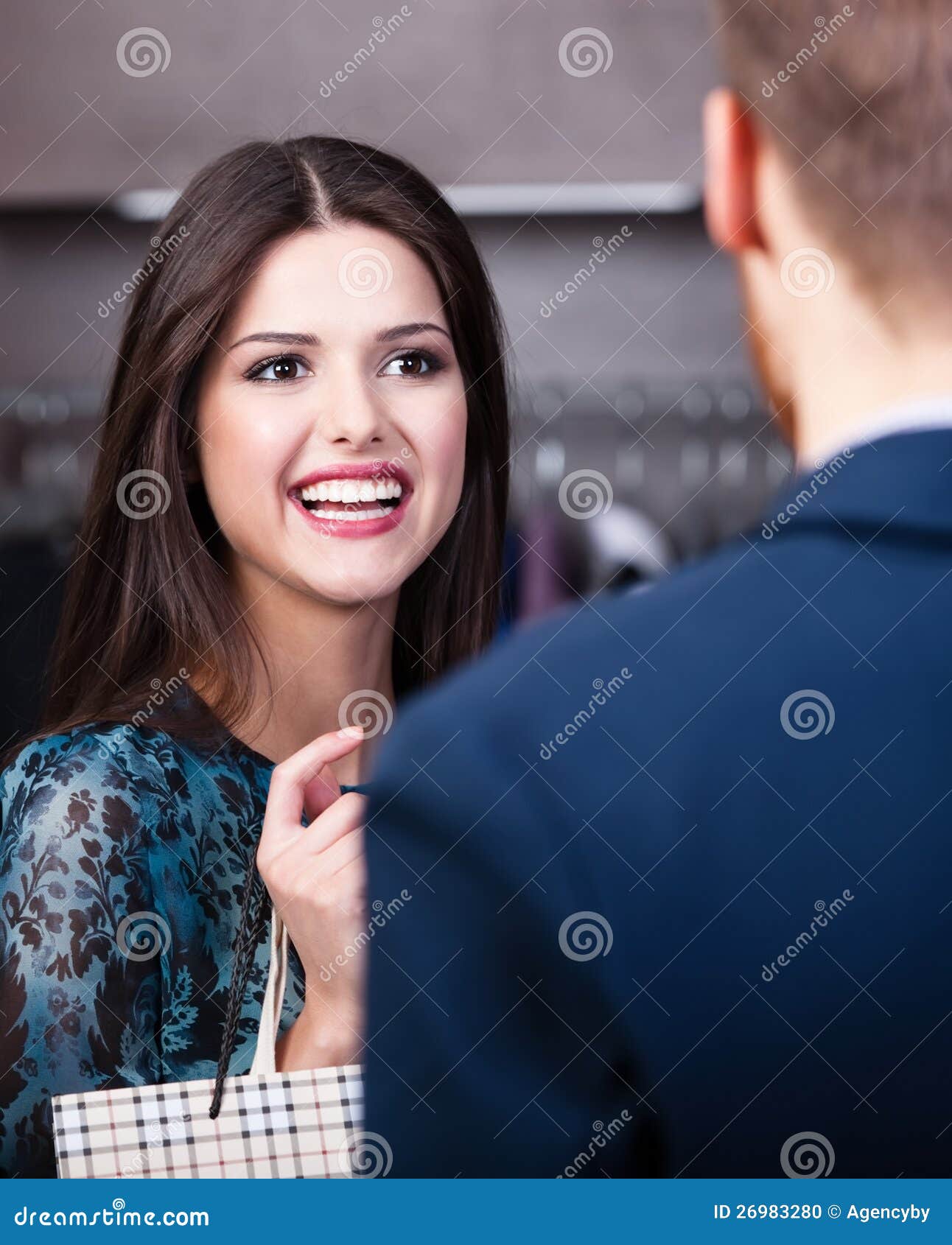 Smiling Girl Talks To Shop Assistant Stock Photo - Image of adviser ...
