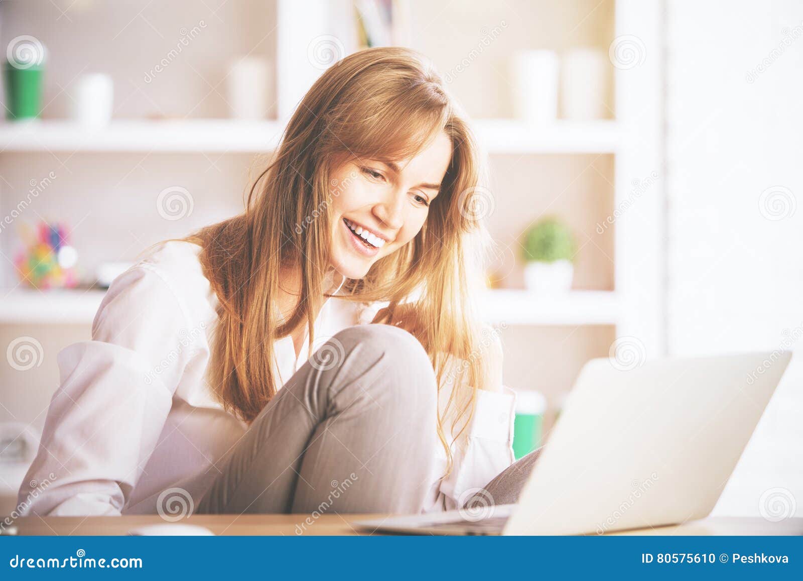 Smiling Girl Using Laptop Computer Stock Photo - Image of communication ...