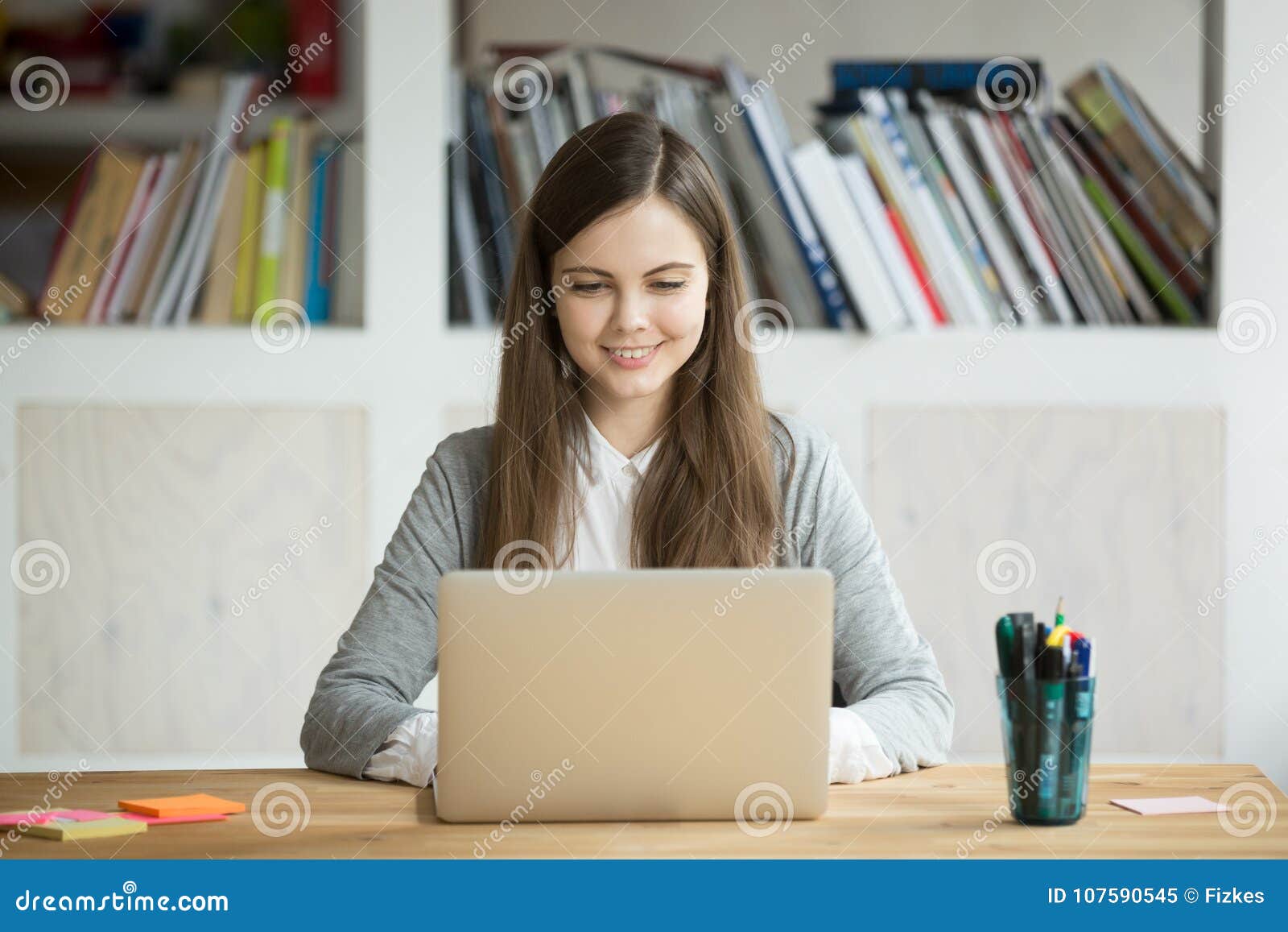 Smiling Girl Using Laptop, Student Studying at Home, Digital Edu Stock ... Smiling Girl Using Laptop, Student Studying at Home, Digital Edu Stock ...