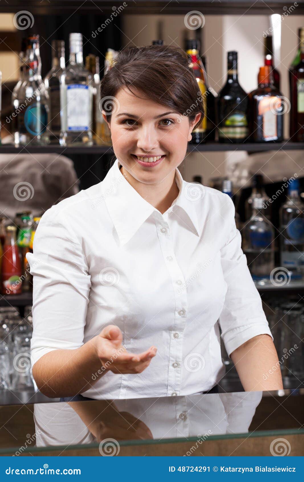 Smiling Girl Working in Hotel Bar Stock Image - Image of service, hand ...
