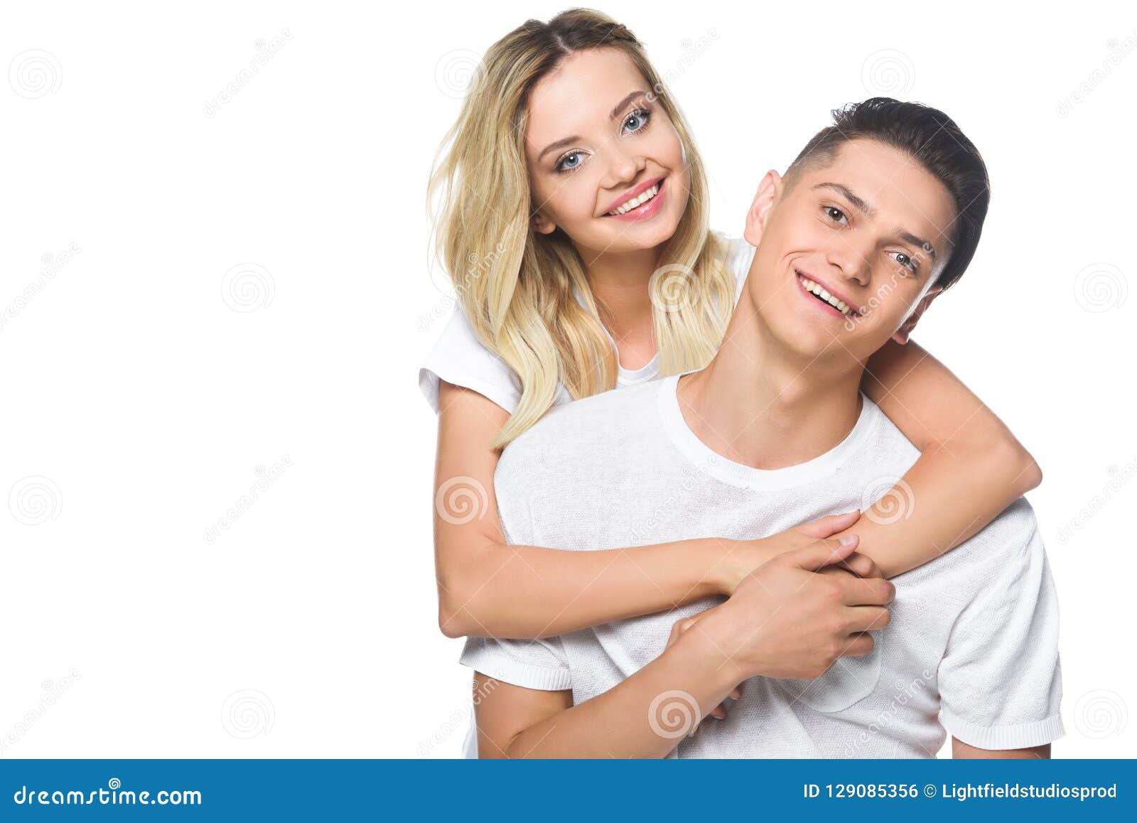 Smiling Girlfriend Hugging Boyfriend Isolated Stock Photo - Image of ...