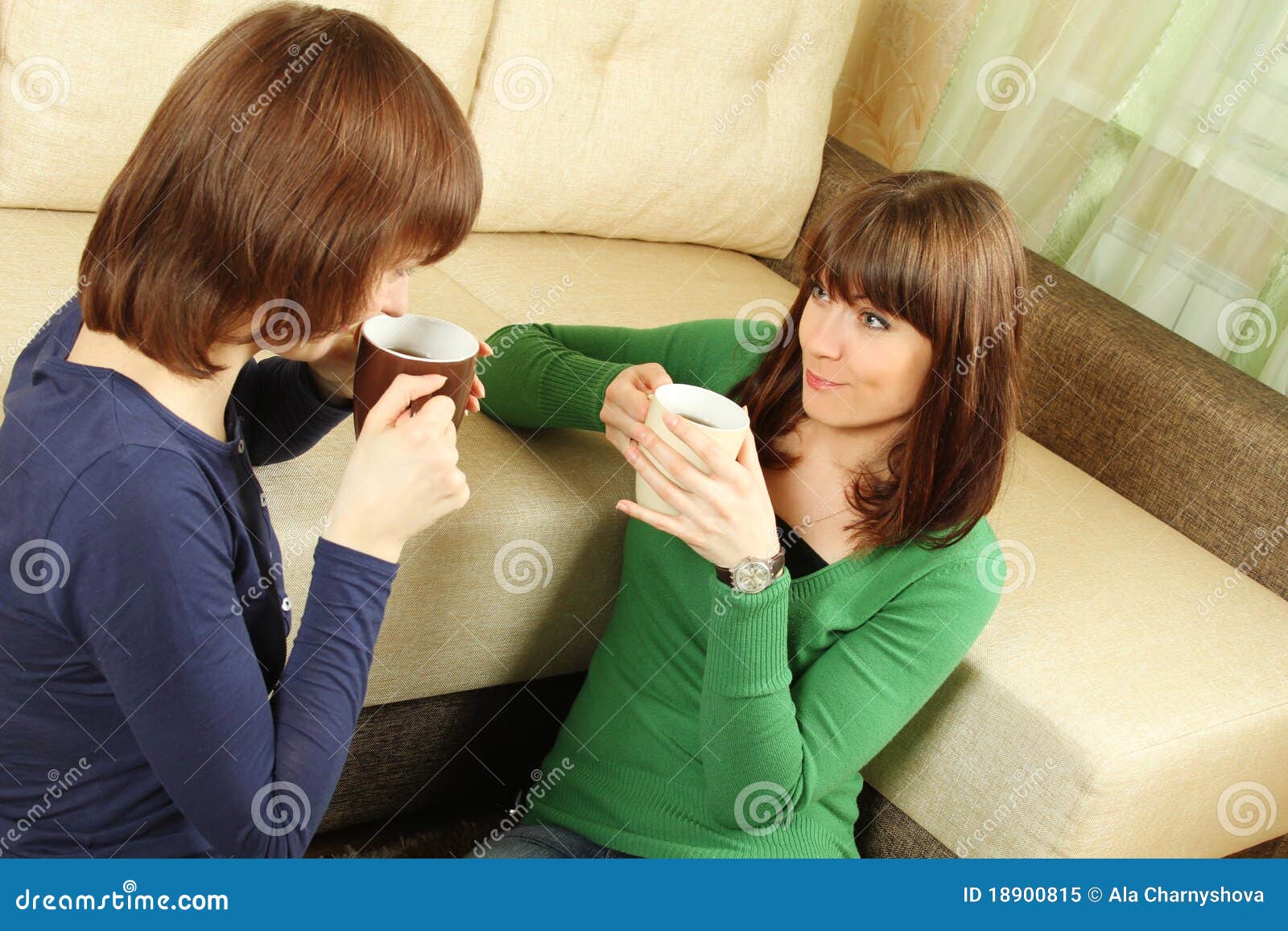 Smiling girls have tea stock image. Image of couple, brunette - 18900815