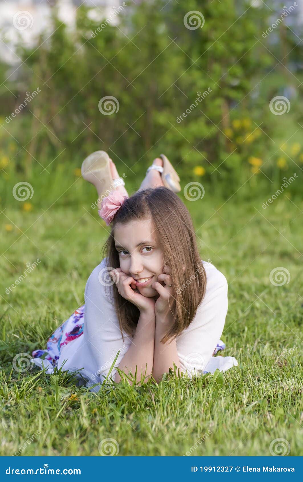 Smiling Girls Rest on the Grass Stock Image - Image of grass, solitude ...