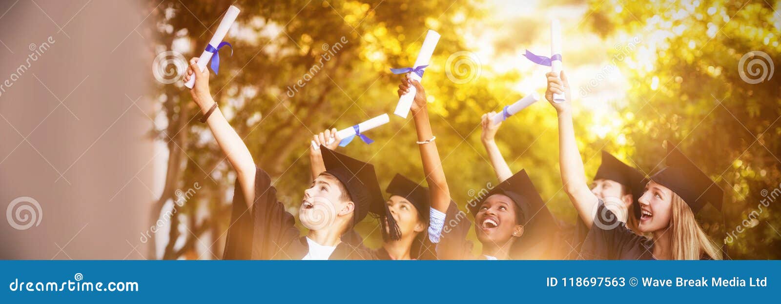 Smiling Graduate School Kids Standing with Degree Scroll in Campus ...