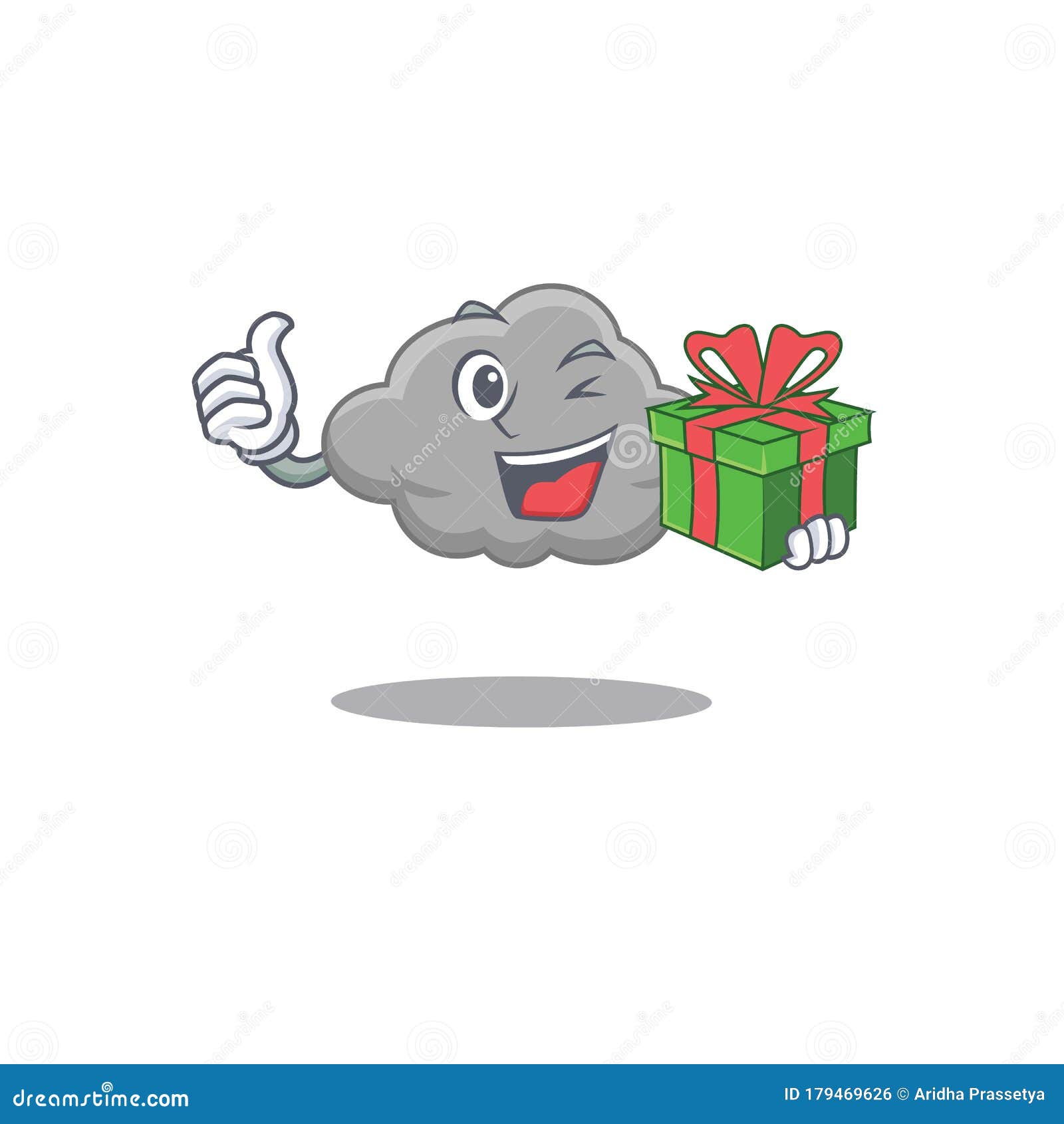 Smiling Grey Cloud Cartoon Character Having a Green Gift Box Stock ...