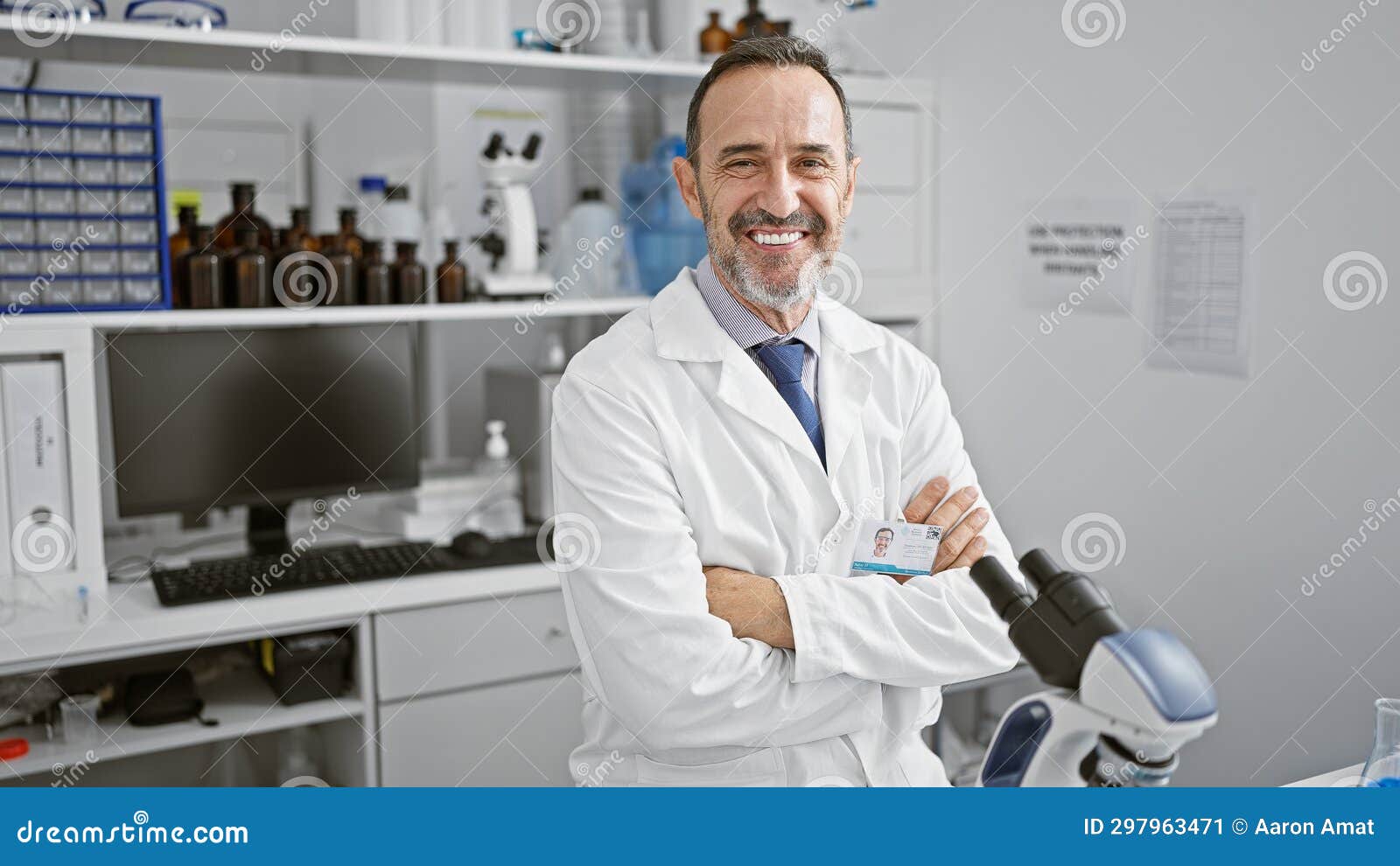 Smiling Grey-haired Middle-aged Scientist Man Crosses Arms, Works with ...