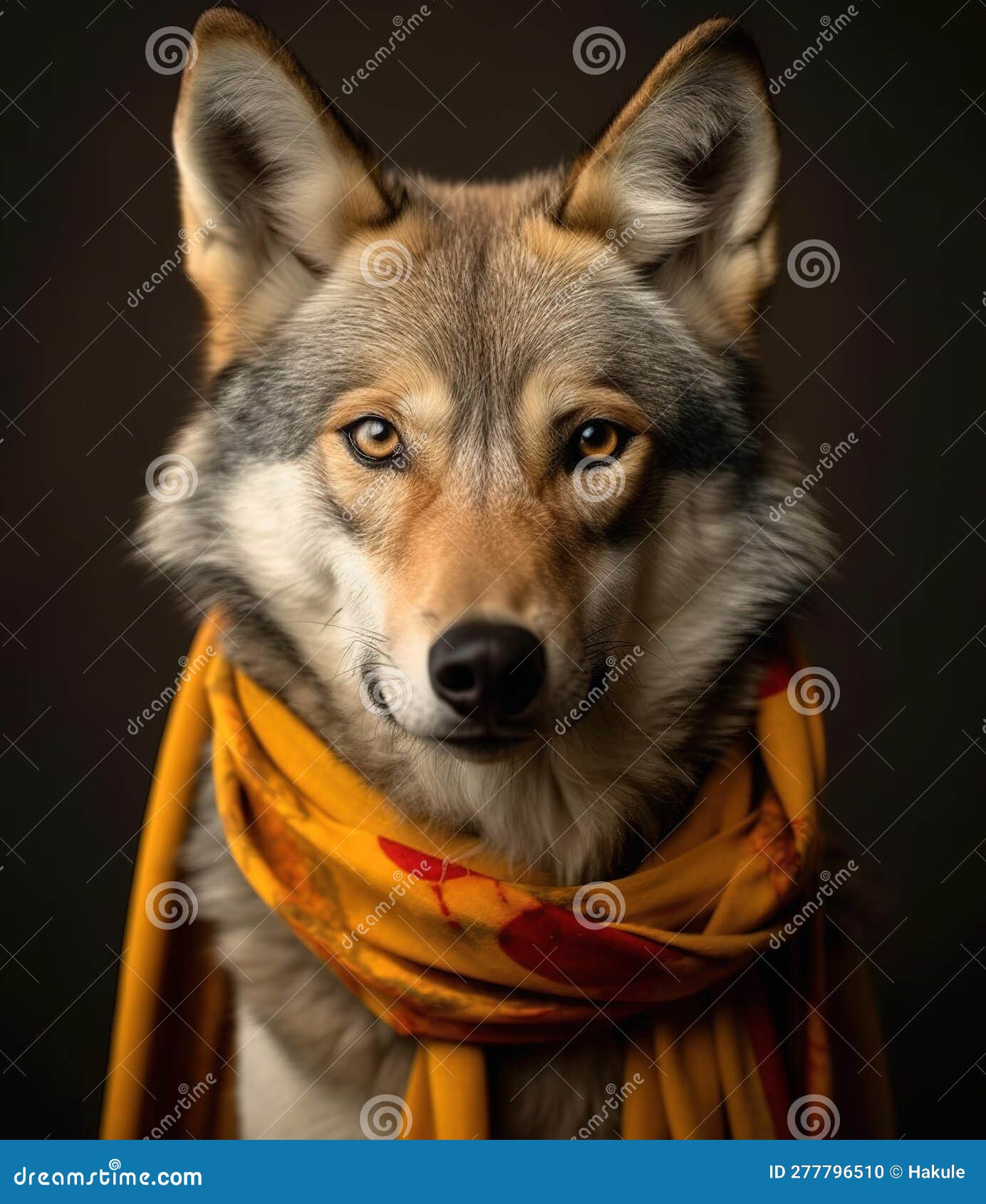 Smiling Grey Wolf with Scarf in a Grey Background, Portrait Created by ...