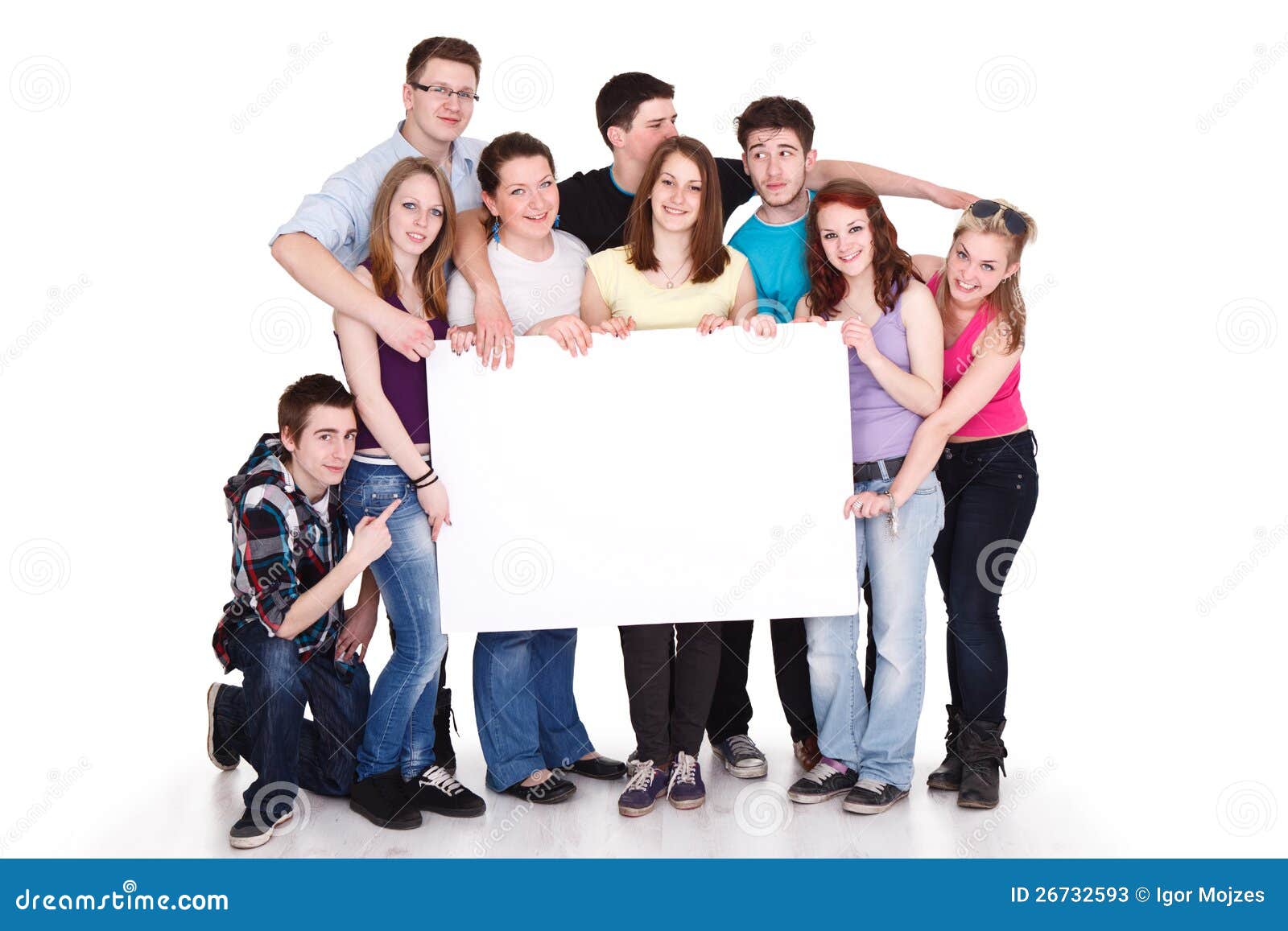 Smiling Group of Friends with Banner Stock Image - Image of cheerful ...