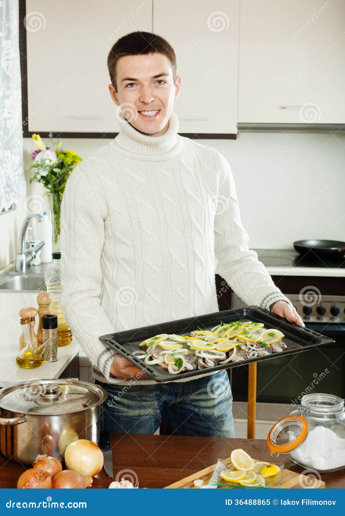 Smiling Guy Cooking Trout Fish in Roasting Pan Stock Image - Image of ...