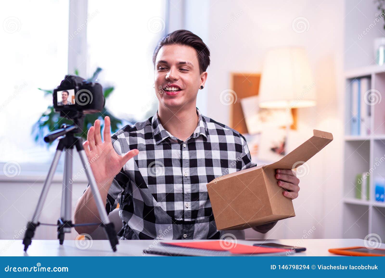Smiling Guy Enjoying Creation of Video Content Stock Photo - Image of ...