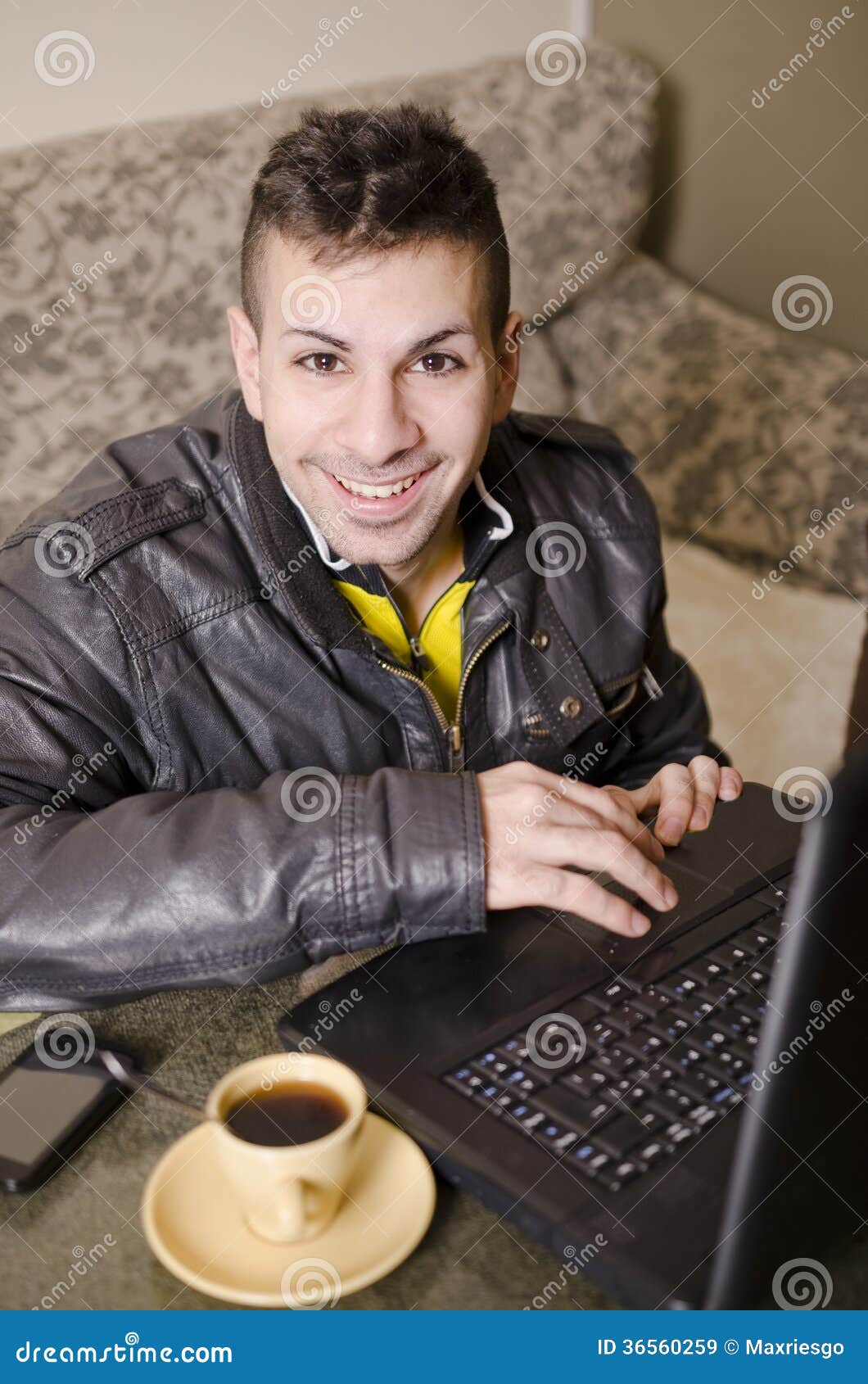 Smiling guy at home pc stock image. Image of computer - 36560259