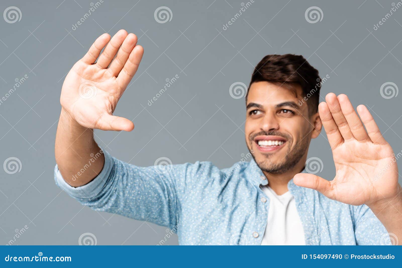 Smiling Guy Making Hand Frame Visualising Something Stock Photo - Image ...