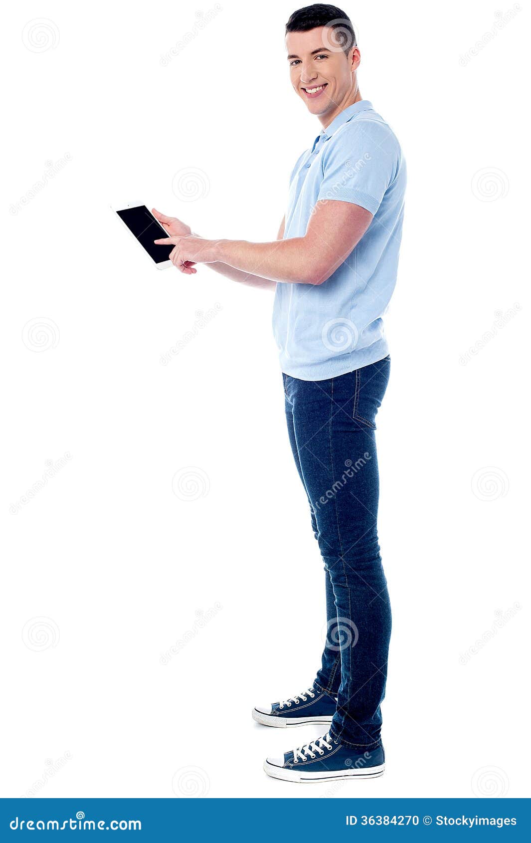 Smiling Guy Operating His Tablet Pc Stock Photo - Image of innovation ...