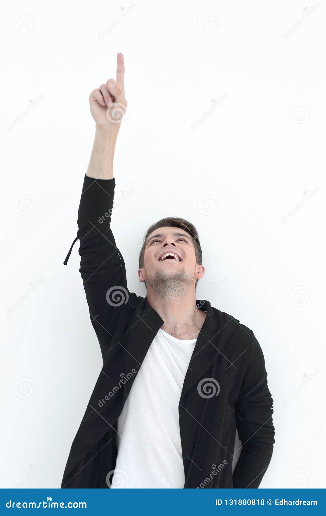 Smiling Guy Pointing Up at Copy Space. Stock Photo - Image of ...