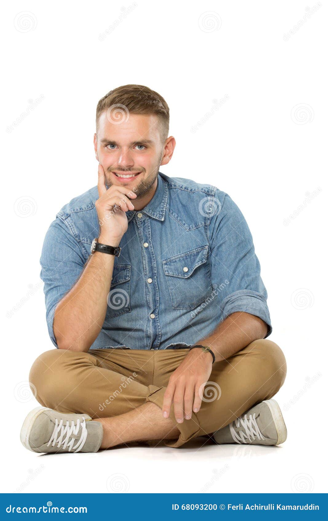 Smiling Guy Sitting on the Floor, Over White Stock Photo - Image of ...