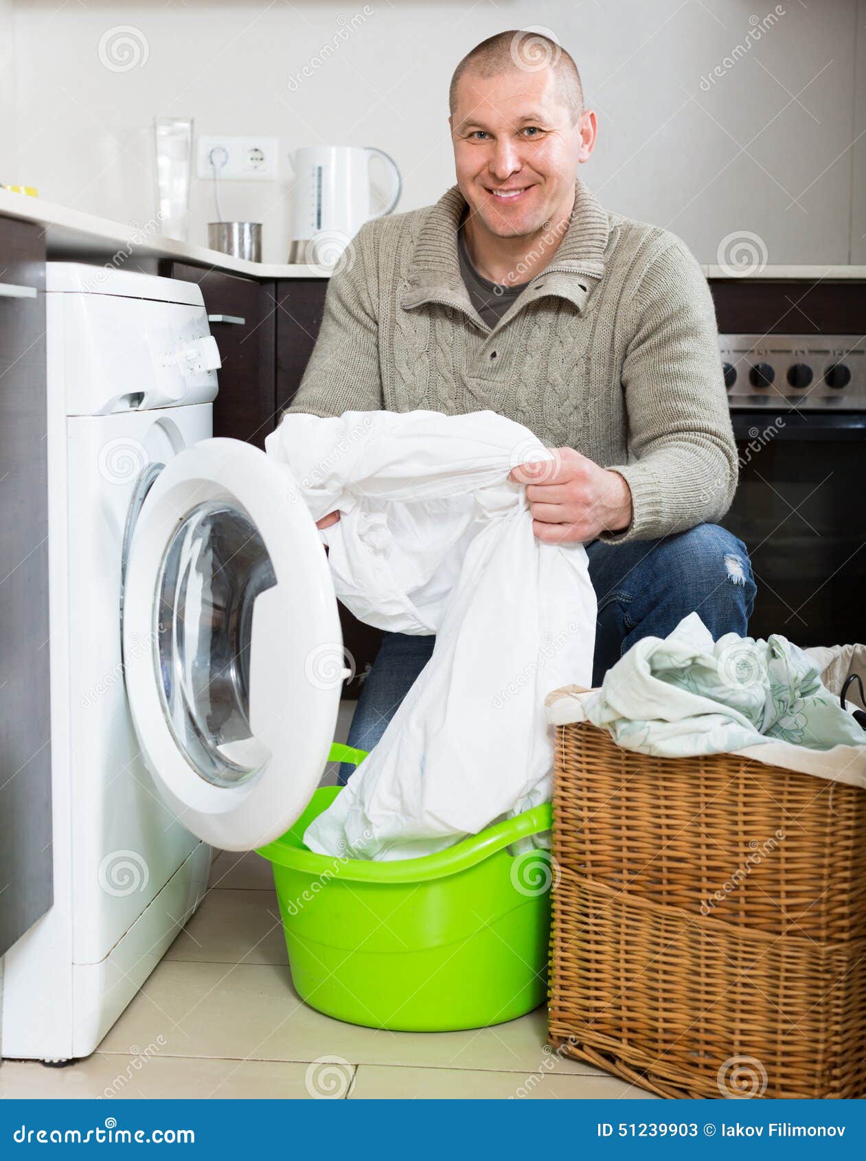 Smiling Guy Using Washing Machine Stock Image - Image of appliance ...