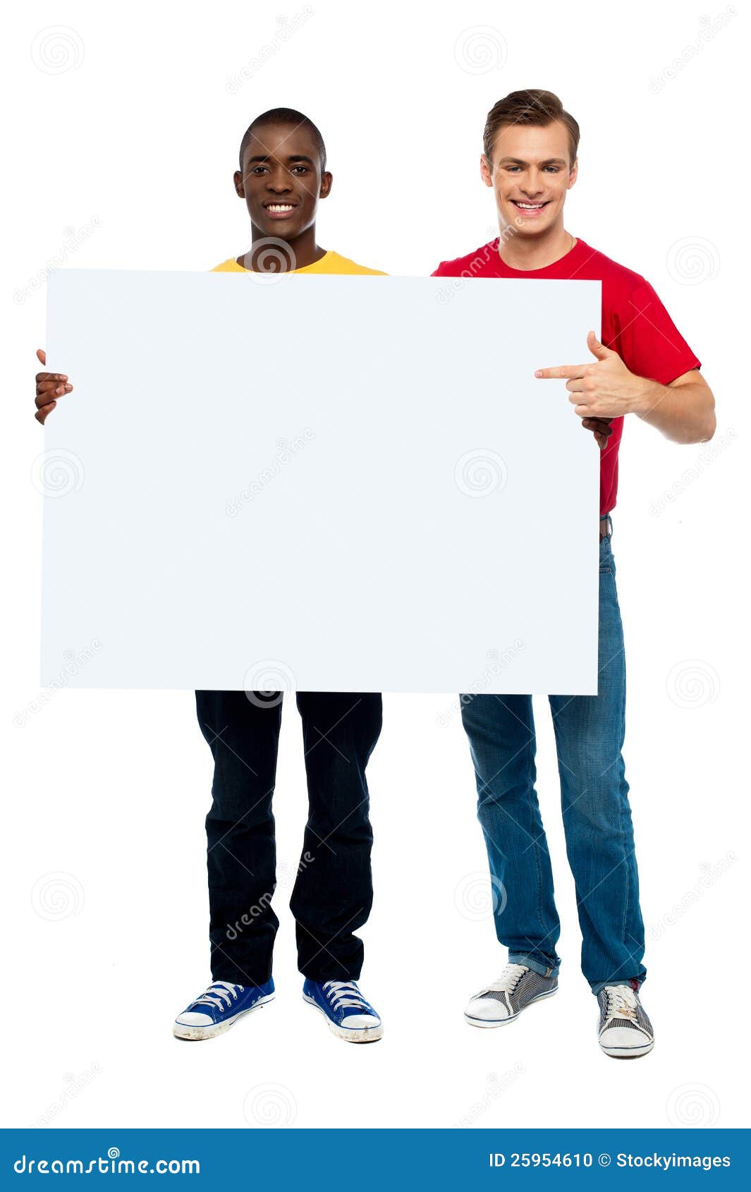 Smiling Guys with White Ad Board Stock Photo - Image of adult, banner ...