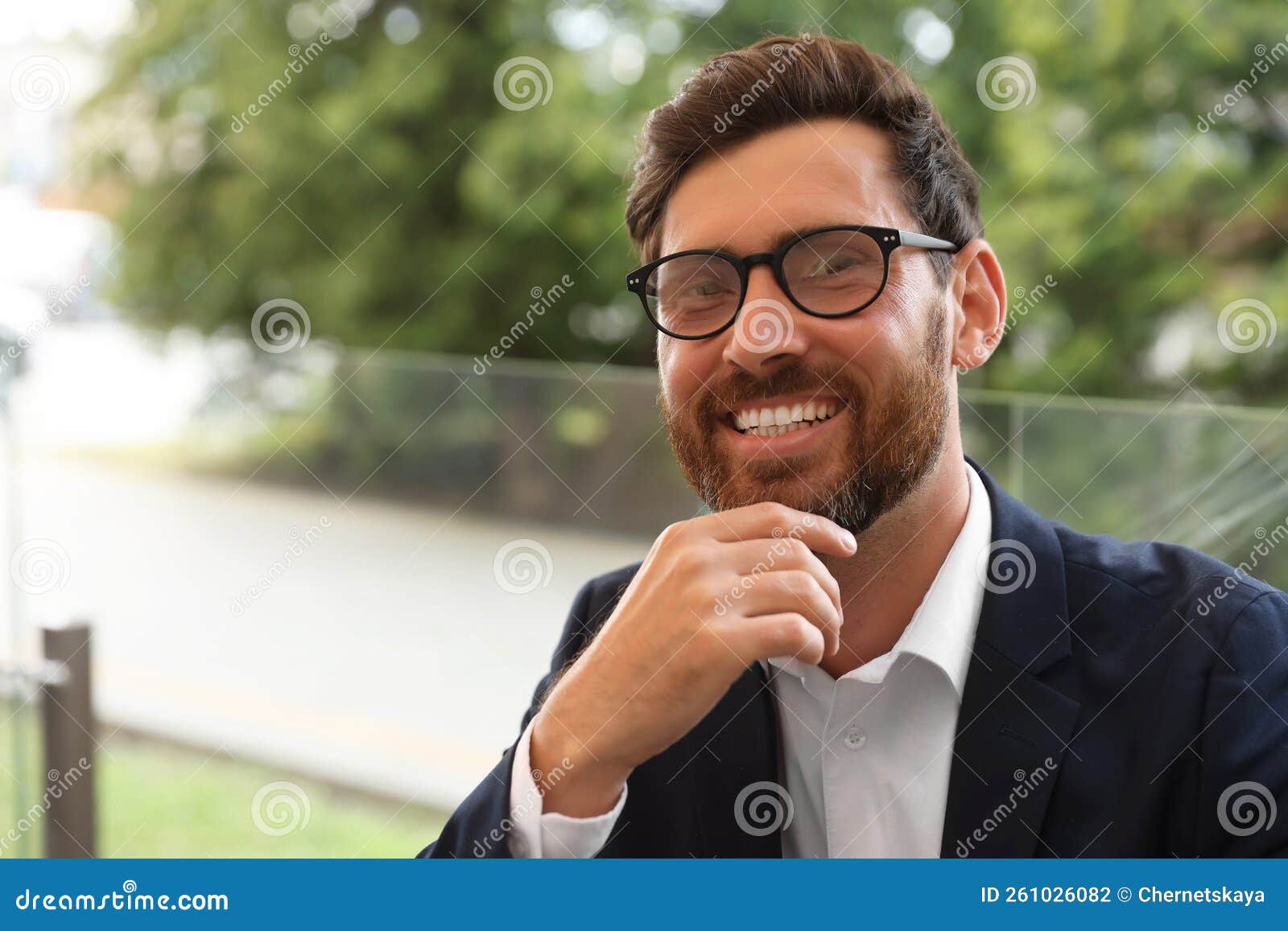 Smiling Handsome Bearded Man With Glasses Outdoors Space For Text