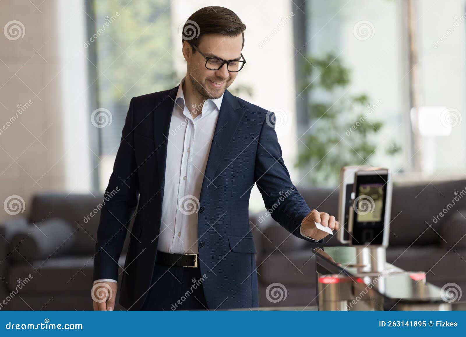 Businessman Swipe Pass Card To Electronic Reader, Opens Automatic Gates ...