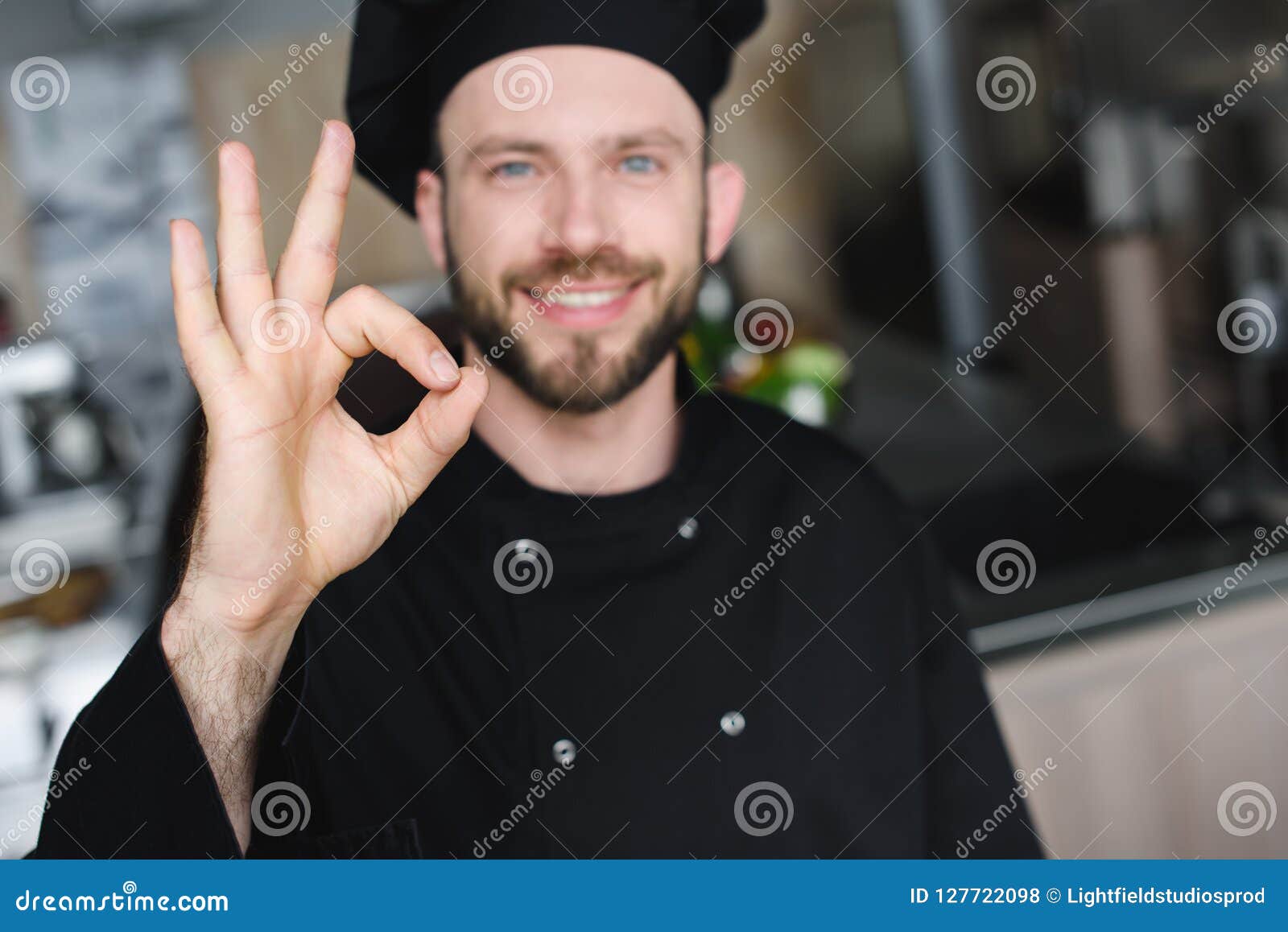 Smiling Handsome Chef Showing Okay Gesture Stock Photo - Image of ...