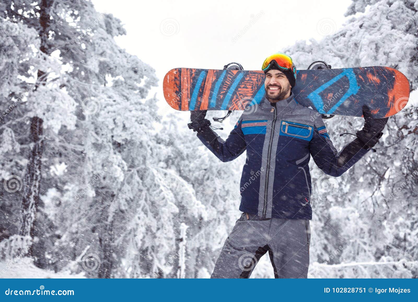 Smiling Male Snowboarder on the Mountain Stock Image - Image of outdoor ...