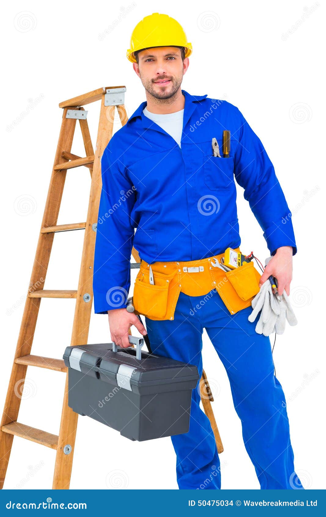 Smiling Handyman Holding Tool Box Stock Photo - Image of protective ...