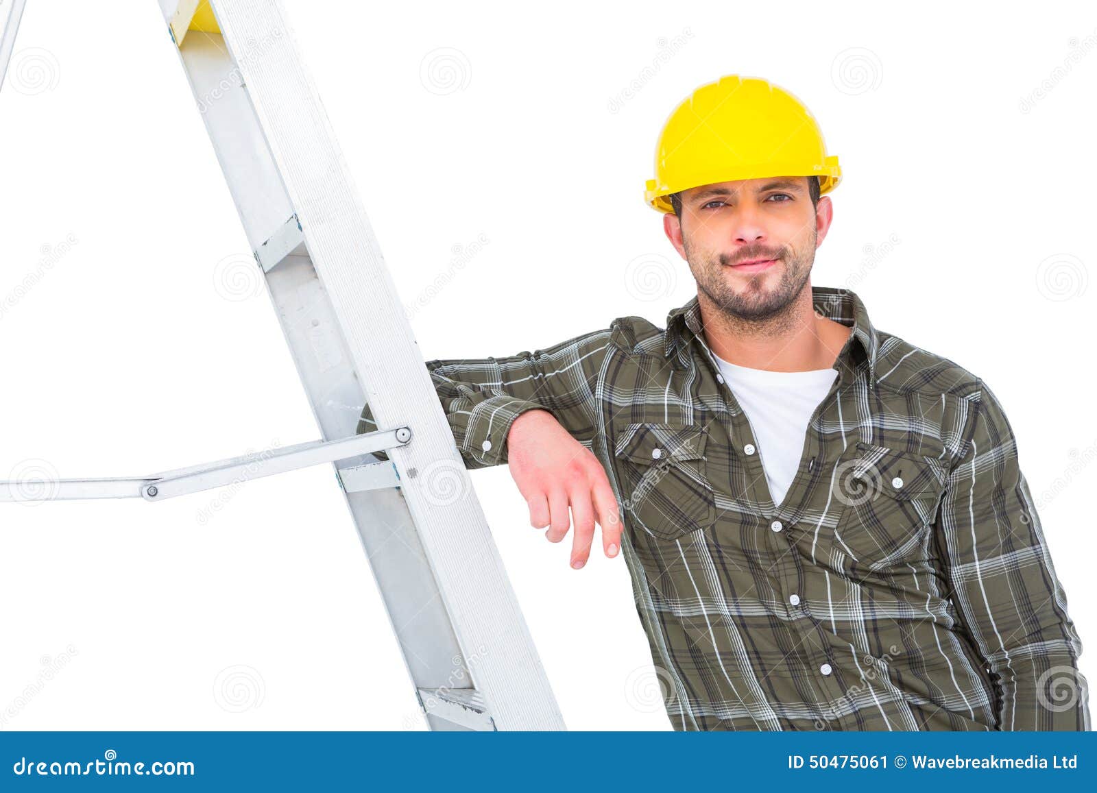 Smiling Handyman in Overalls Leaning on Ladder Stock Image - Image of ...