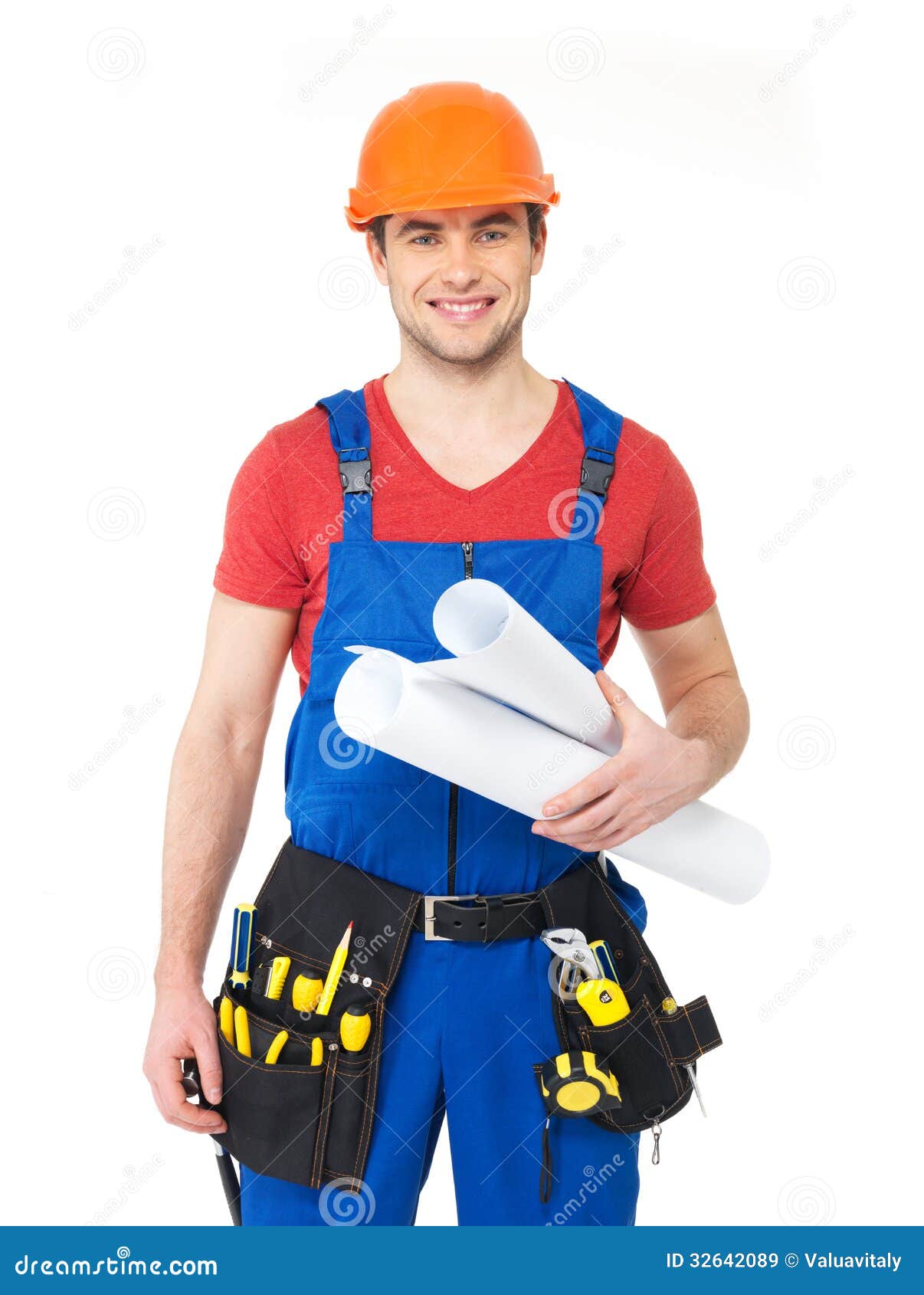 Smiling Handyman with Tools and Paper Stock Image - Image of manual ...