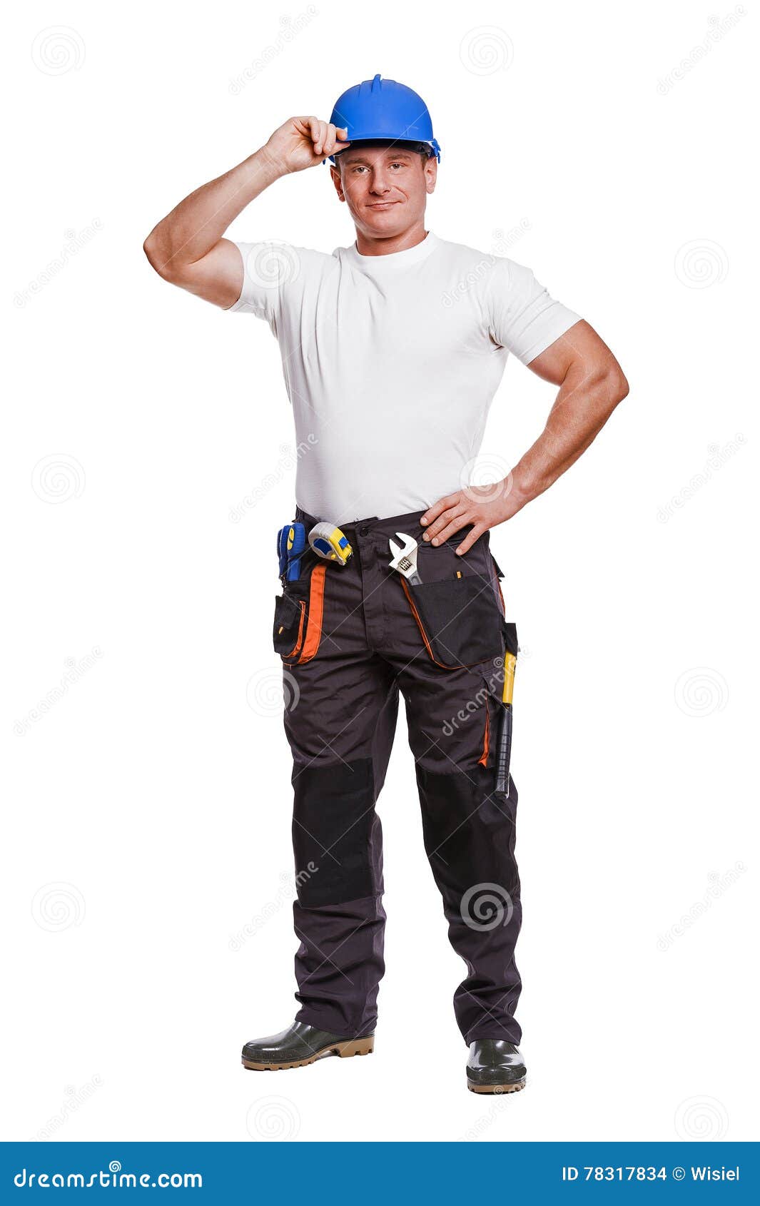 Smiling Handyman on White Background Stock Photo - Image of work ...