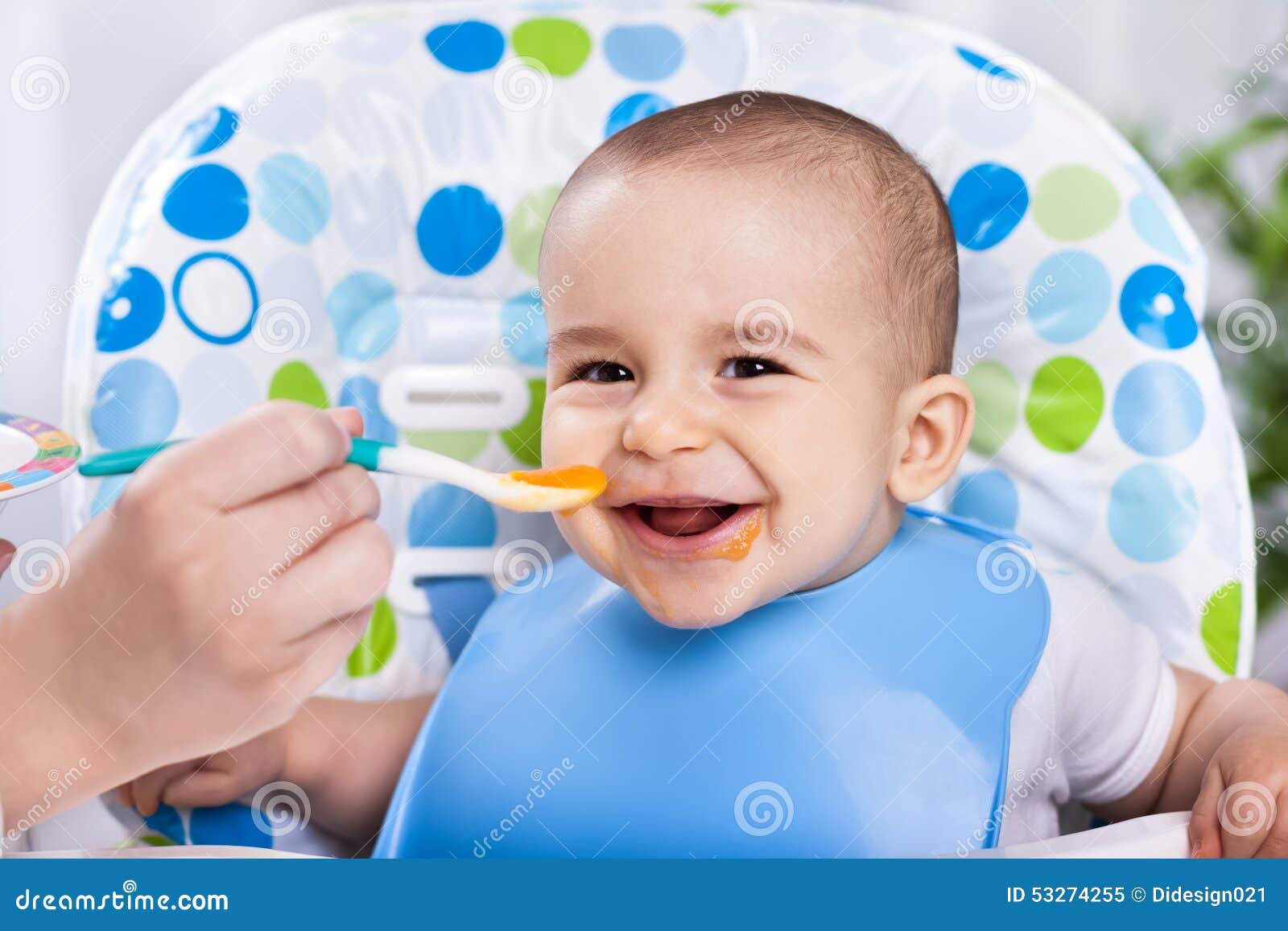 Smiling Happy Adorable Baby Eating Fruit Mash Stock Image - Image of ...
