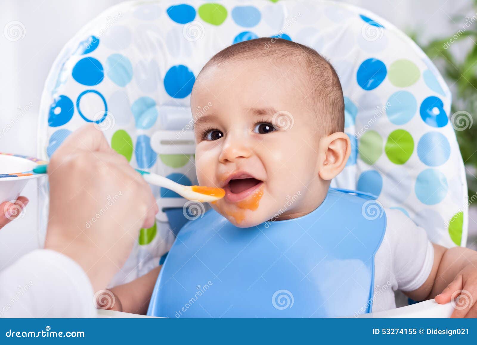 Smiling Happy Baby Eating with Spoon Stock Image - Image of beautiful ...