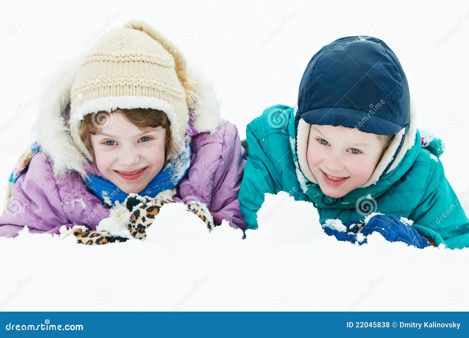Smiling Happy Children at Winter Snow Outdoors Stock Photo - Image of ...