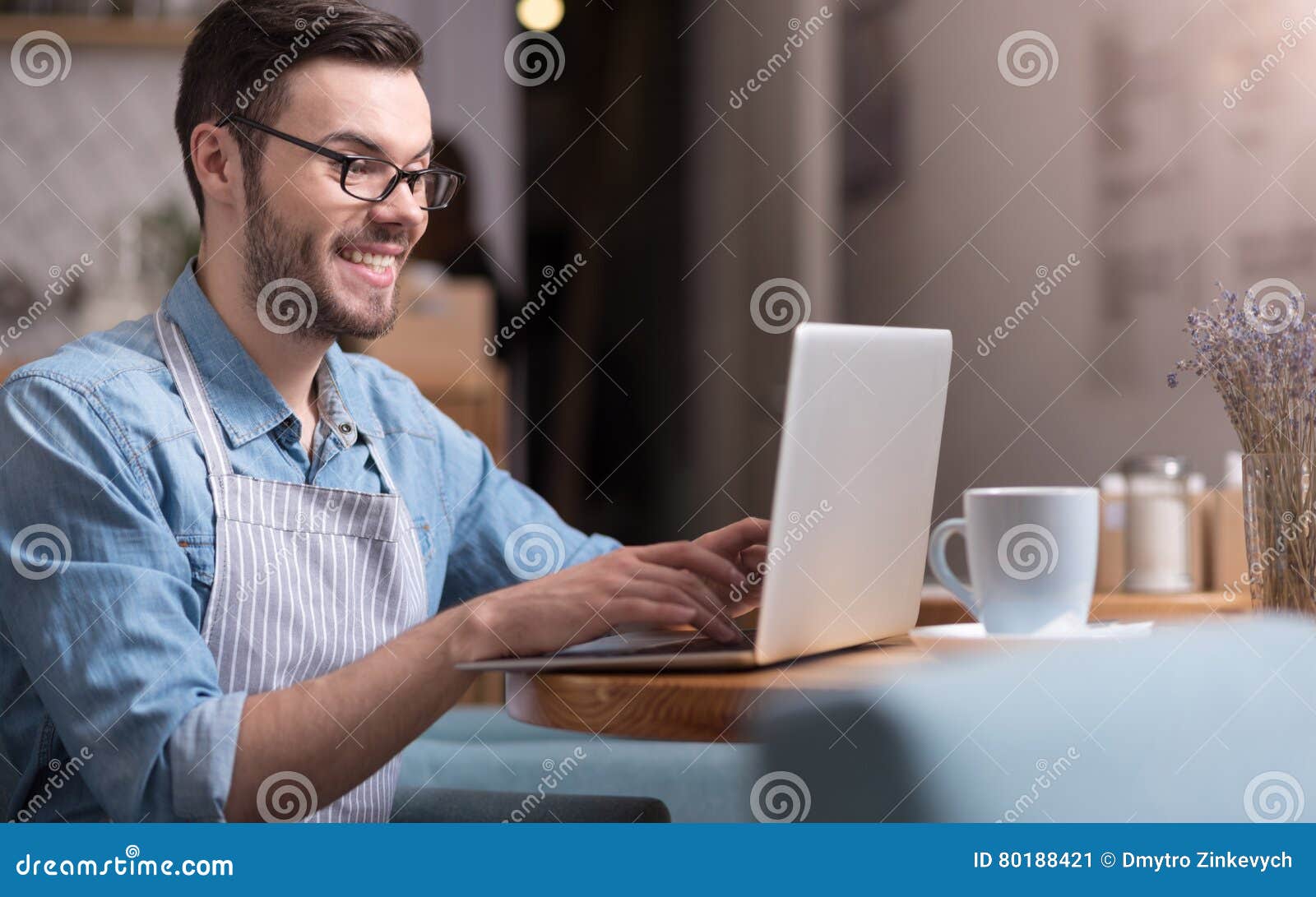 Smiling Happy Man Working on Laptop. Stock Image - Image of emotional ...
