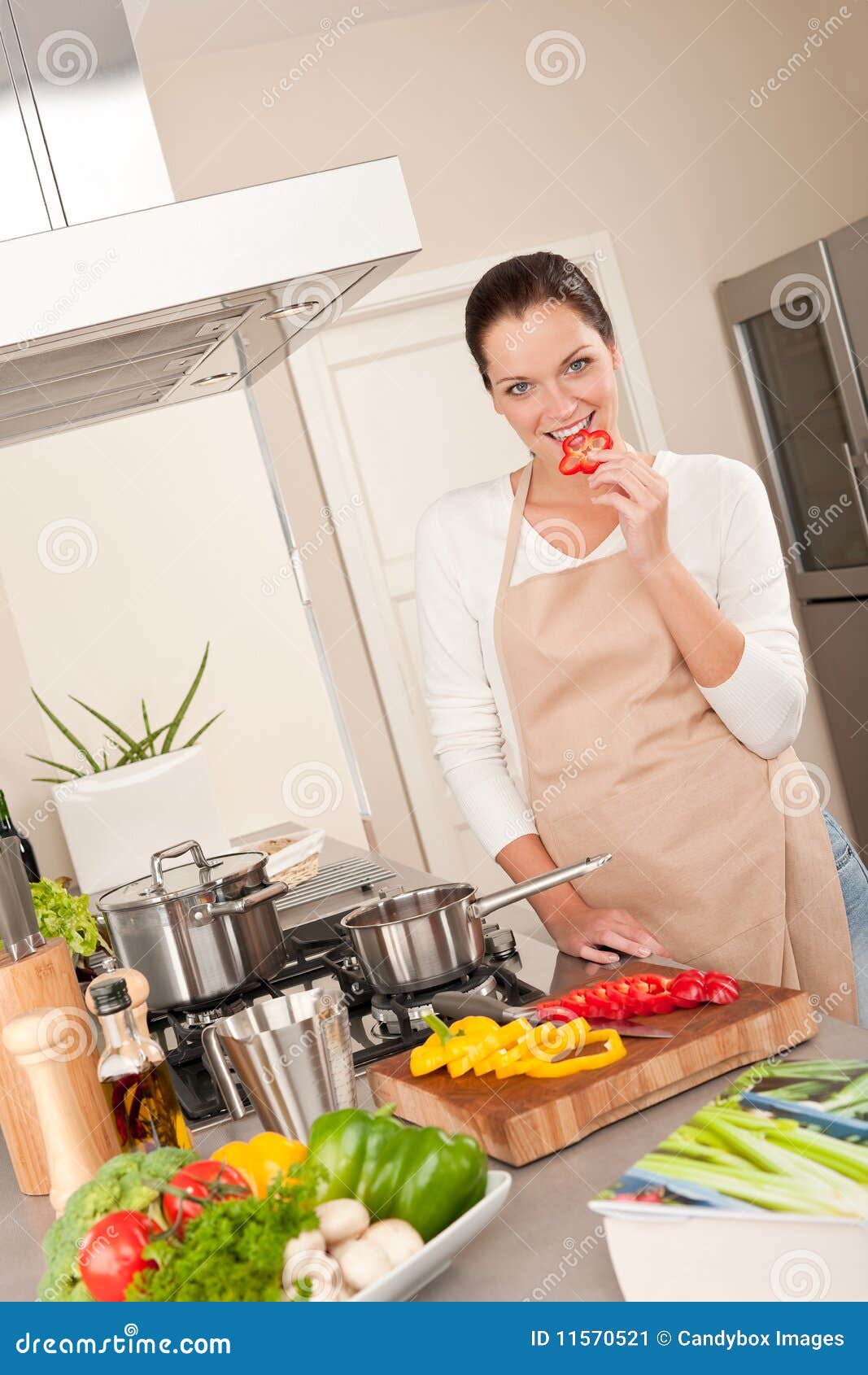 Smiling Happy Woman in the Kitchen Stock Image - Image of food, modern ...