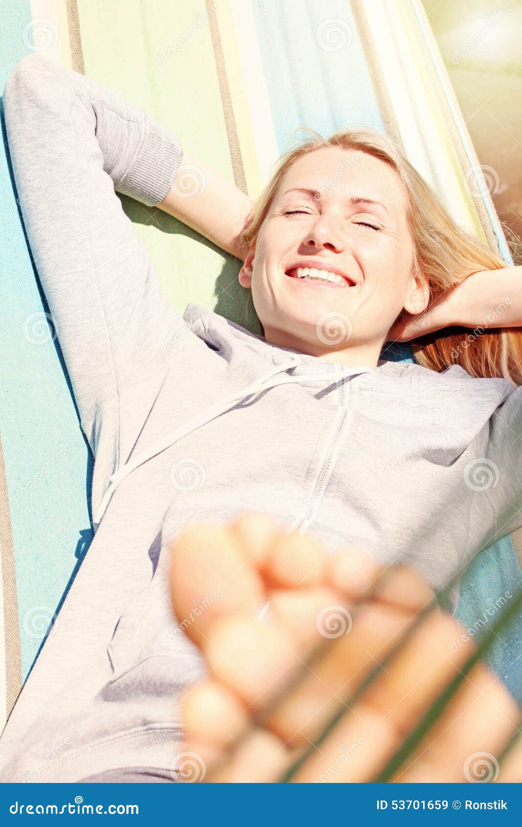 Smiling Happy Woman Sleeping on Hammock Stock Image - Image of hammock ...