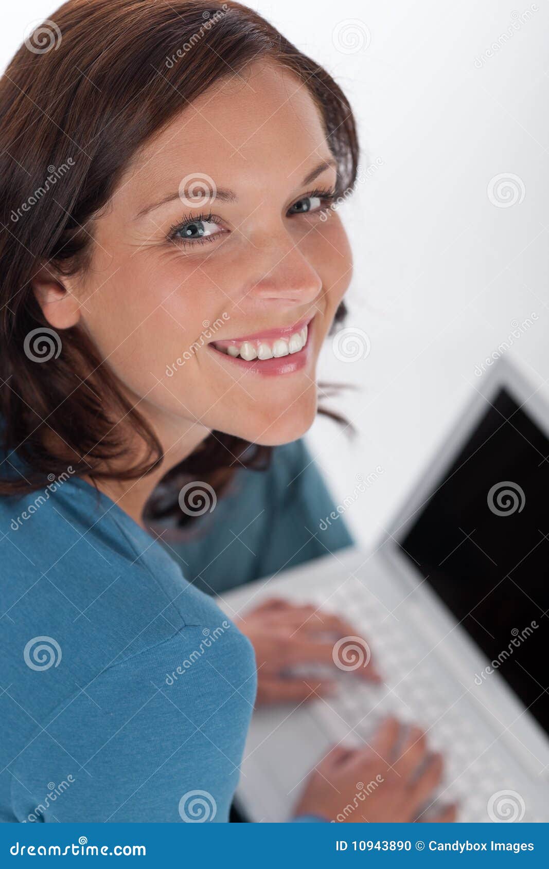 Smiling Happy Woman with White Laptop Stock Photo - Image of adult ...