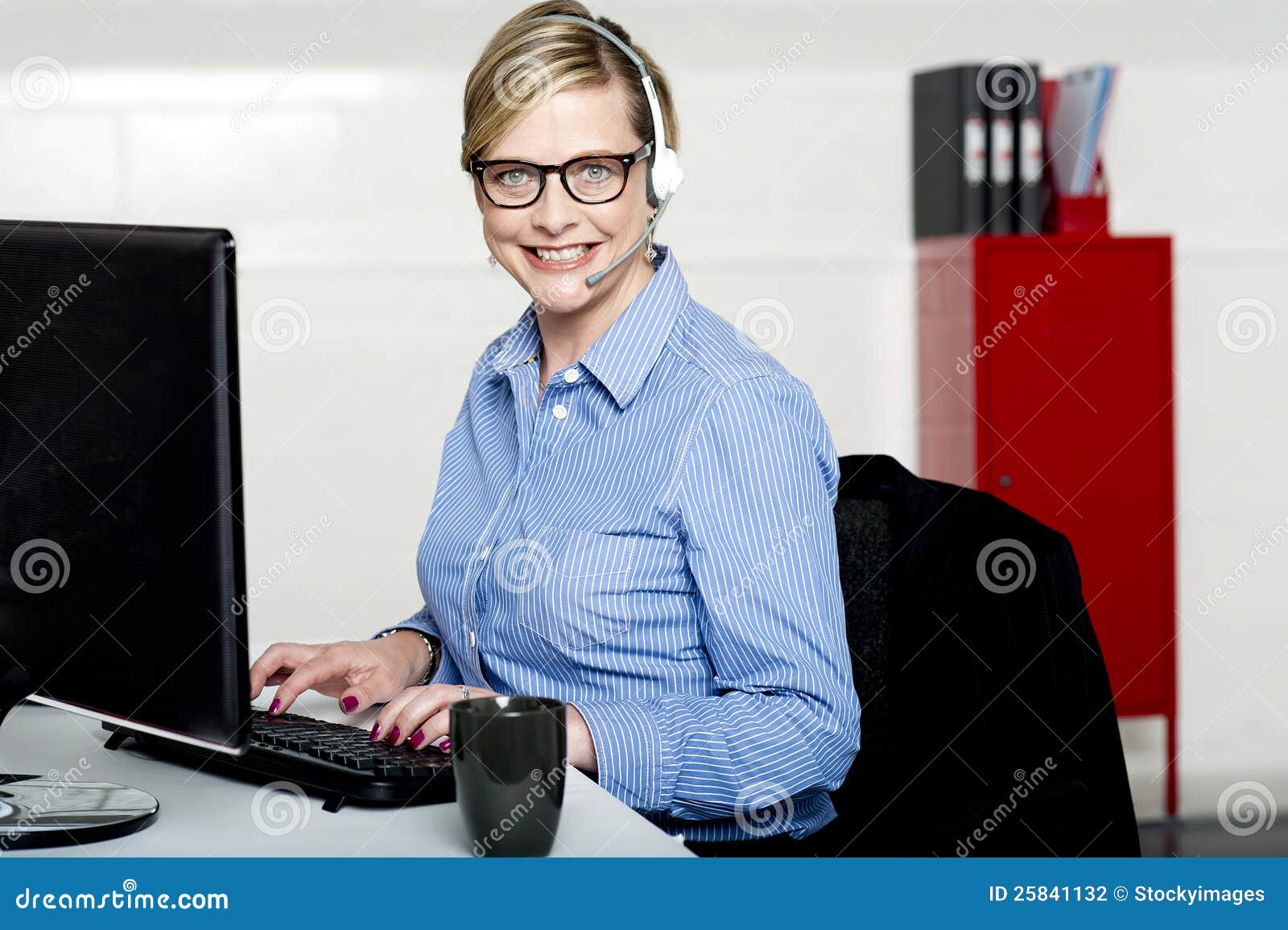 Smiling Help Desk Woman Typing on Keyboard Stock Photo - Image of ...