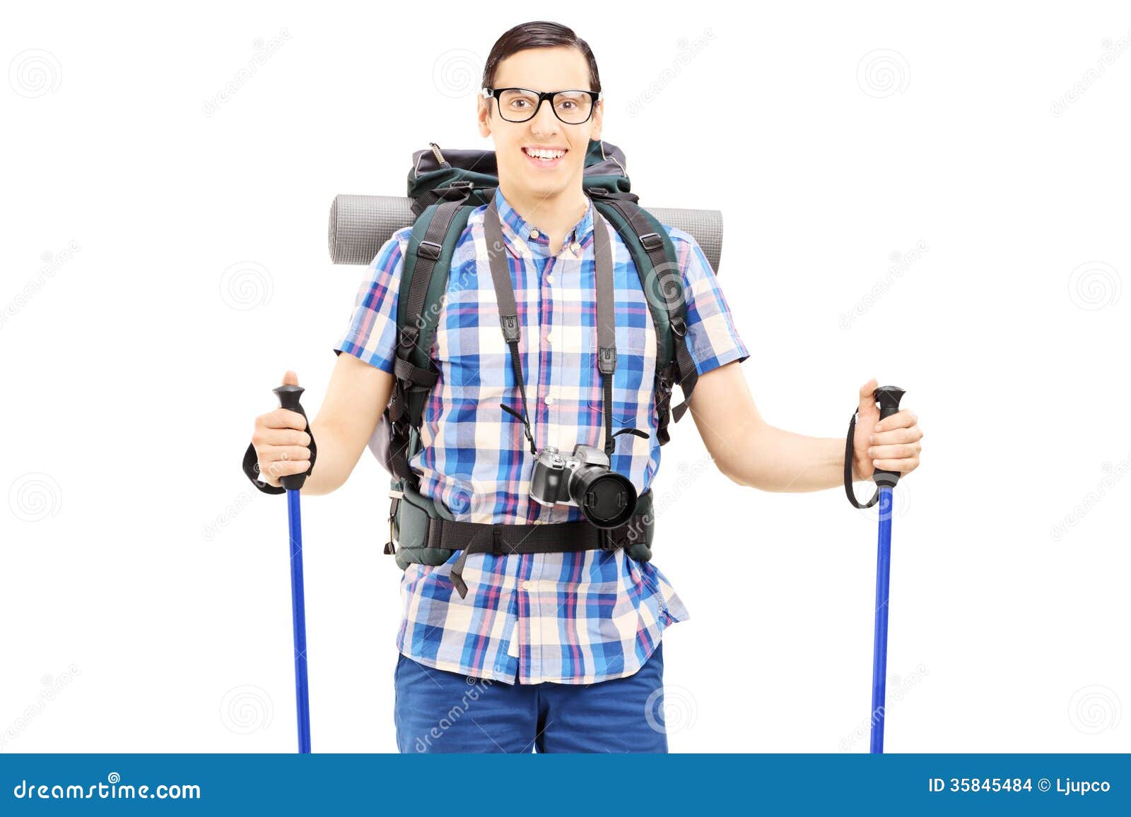 Smiling Hiker with Backpack and Hiking Poles Posing Stock Photo - Image ...