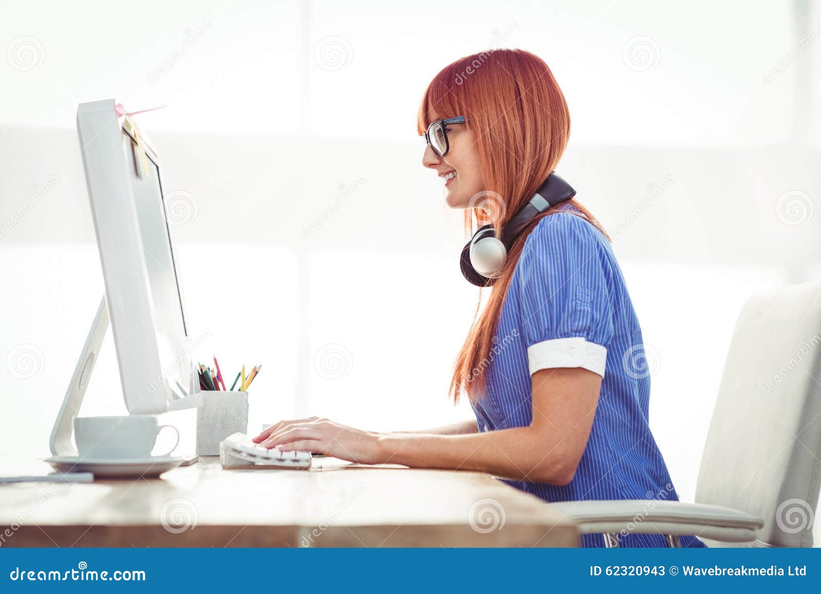 Smiling Hipster Woman Typing on Keyboard Stock Image - Image of ...