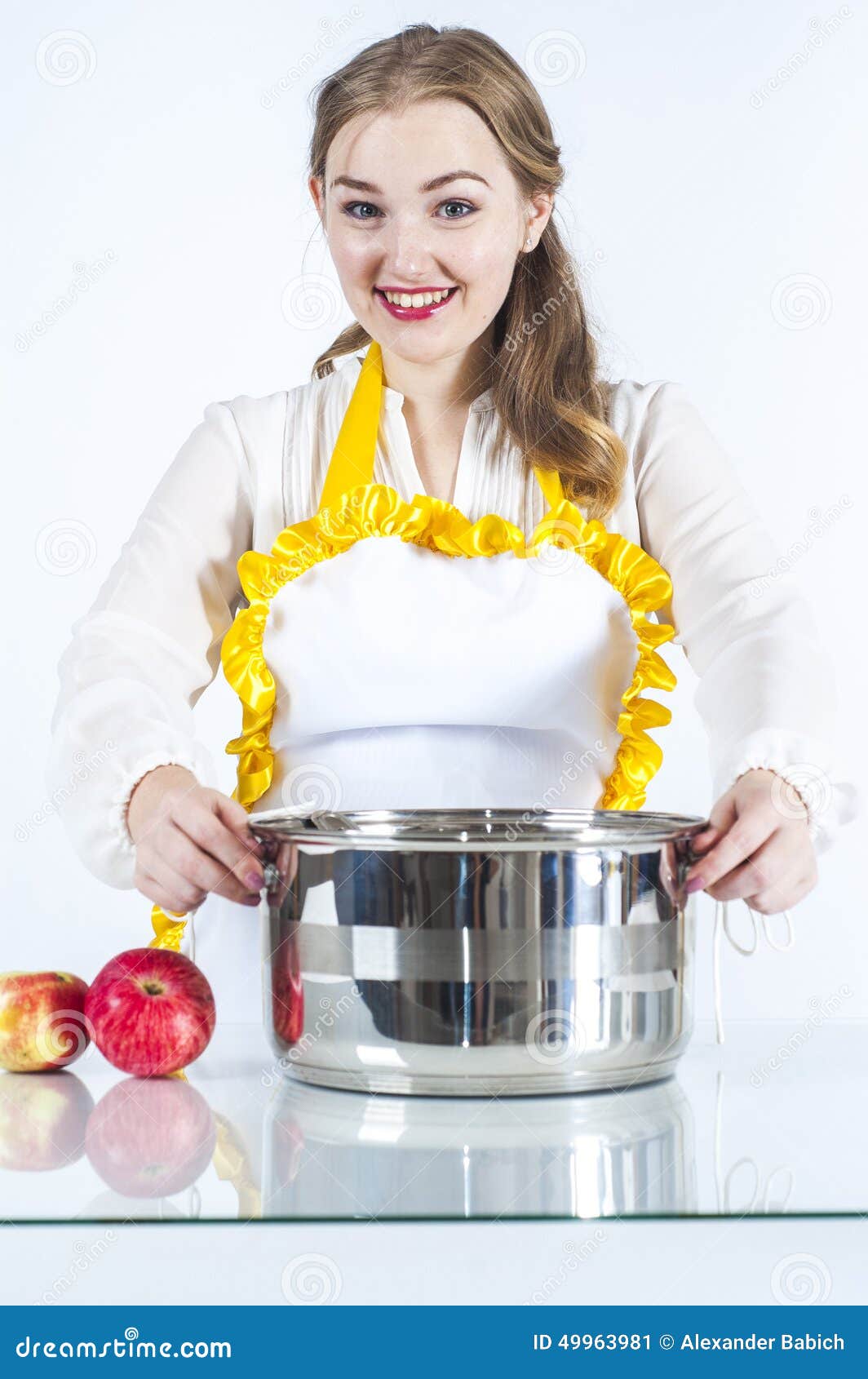 Smiling homemaker with pan stock image. Image of amazed - 49963981