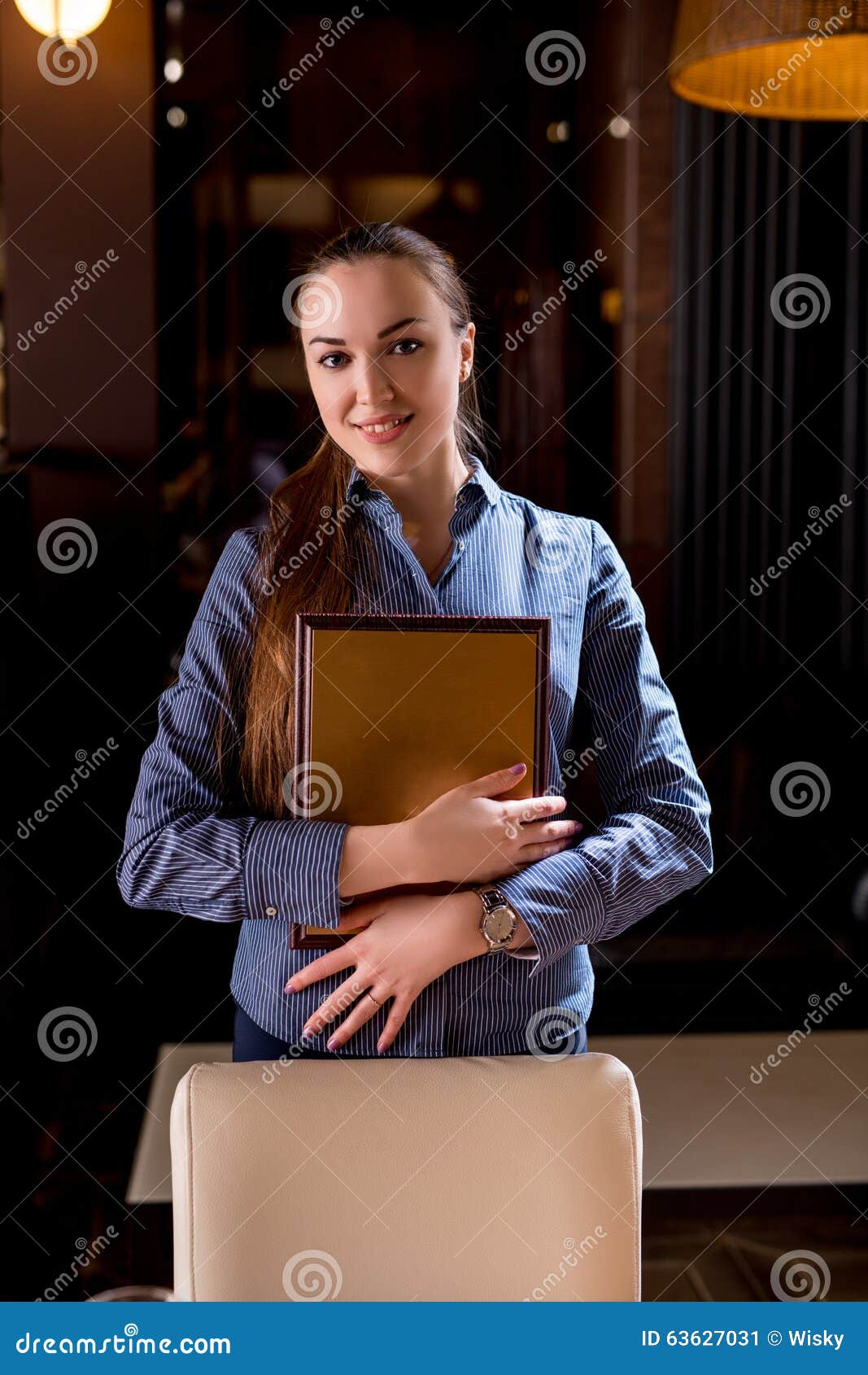 Smiling Hostess of Fashionable Restaurant Posing Stock Image - Image of ...