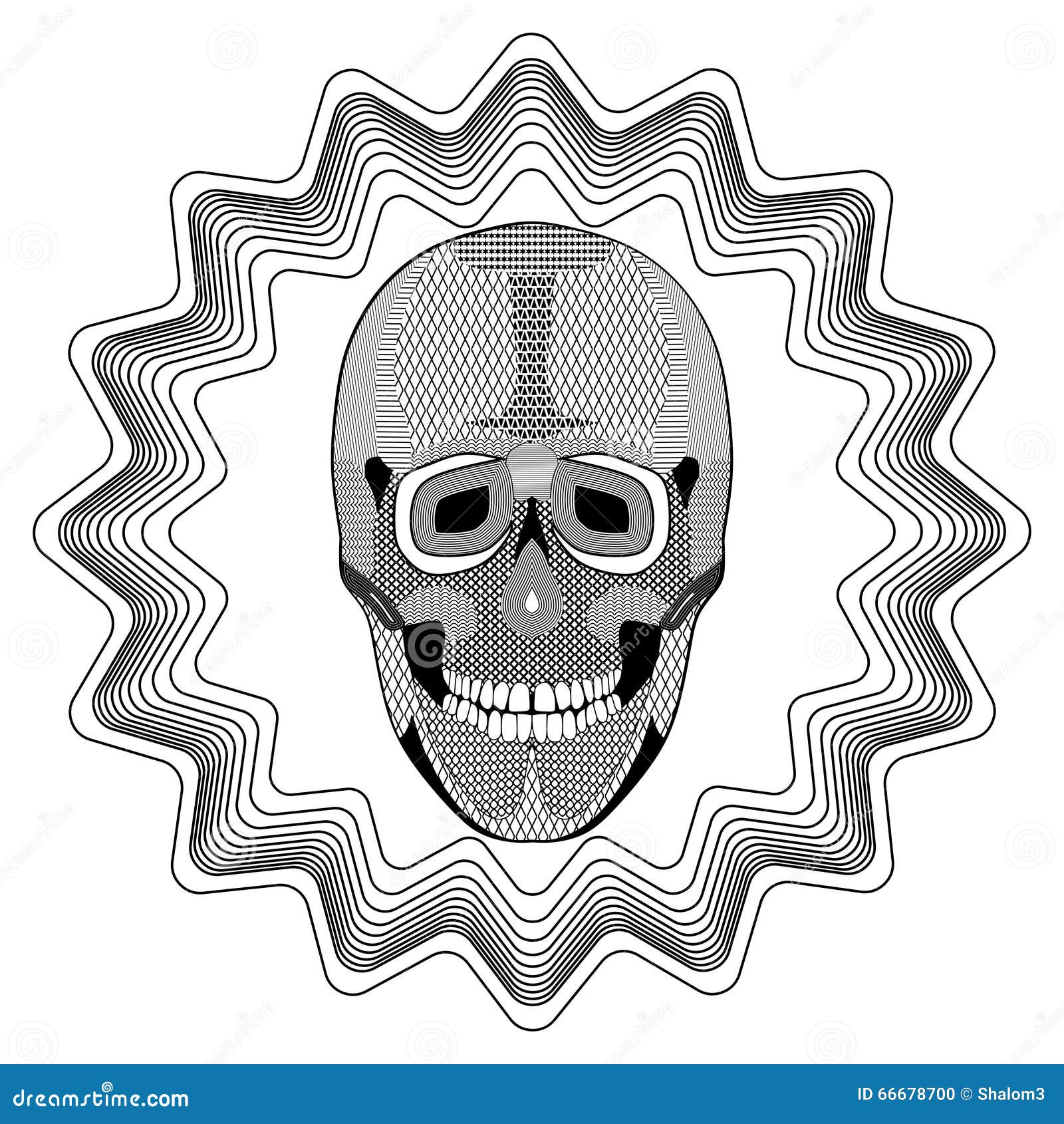 Smiling Human Skull On Star Shape Background, Black And White Drawing ...