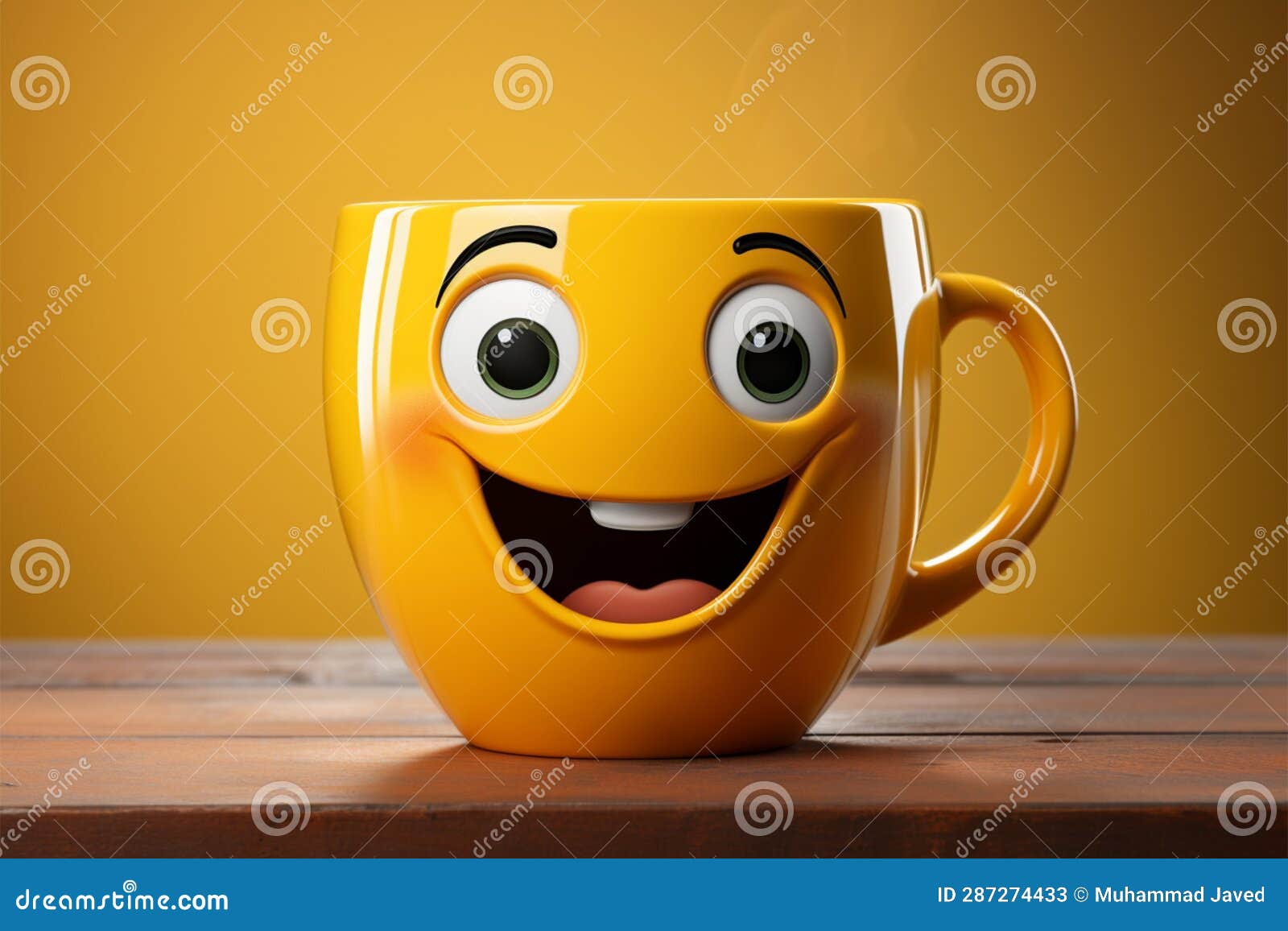 Smiling Java Cup Character Shines on Yellow a Cute Face with Copy Space ...