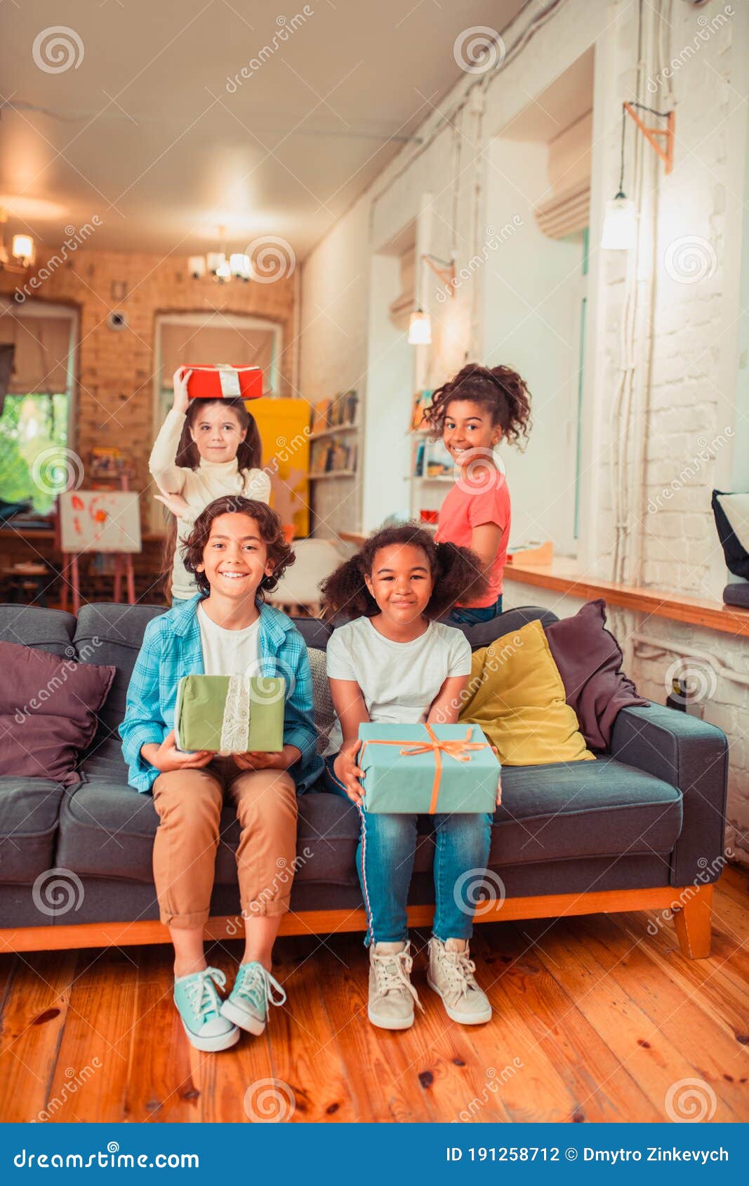 Smiling and Joyful Kids Receiving Present Boxes Stock Photo - Image of ...