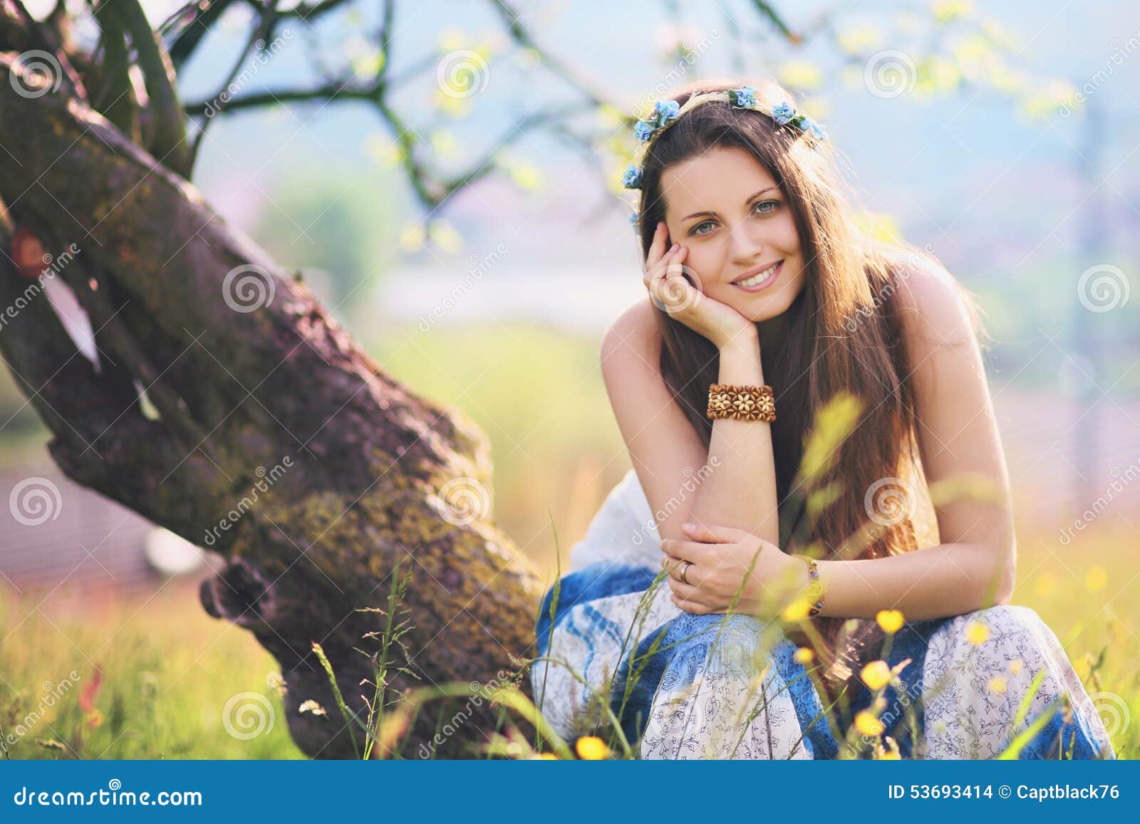 Smiling and Joyful Woman in Spring Meadow Stock Photo - Image of summer ...