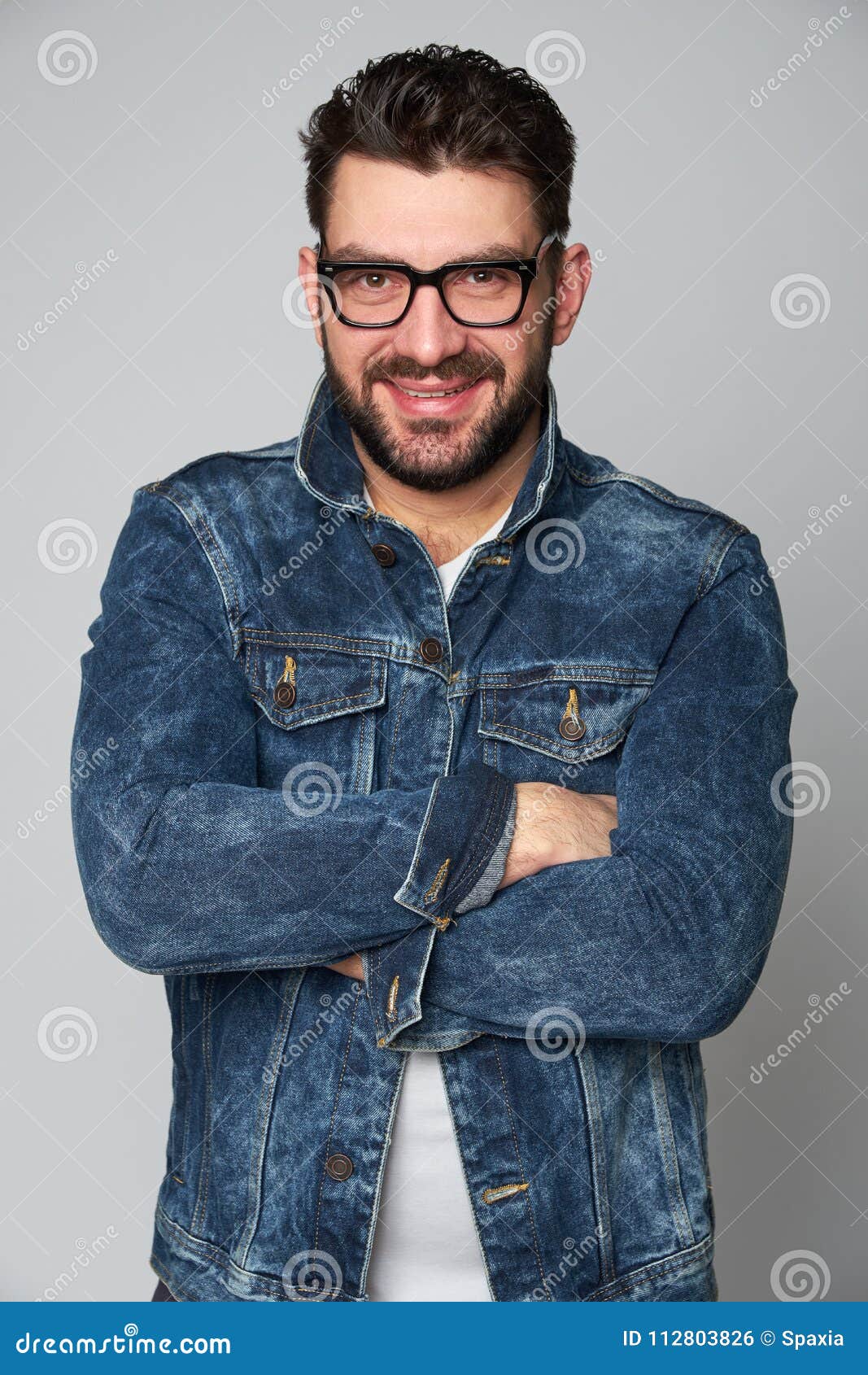 Smiling Joyfully Bearded Man With Glasses Dressed Casually Iso Stock